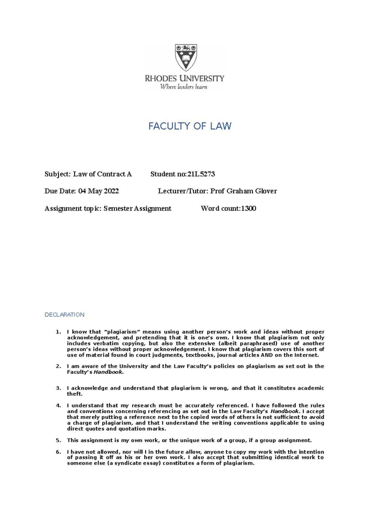 Law of contract A assignment - FACULTY OF LAW Subject: Law of Contract ...