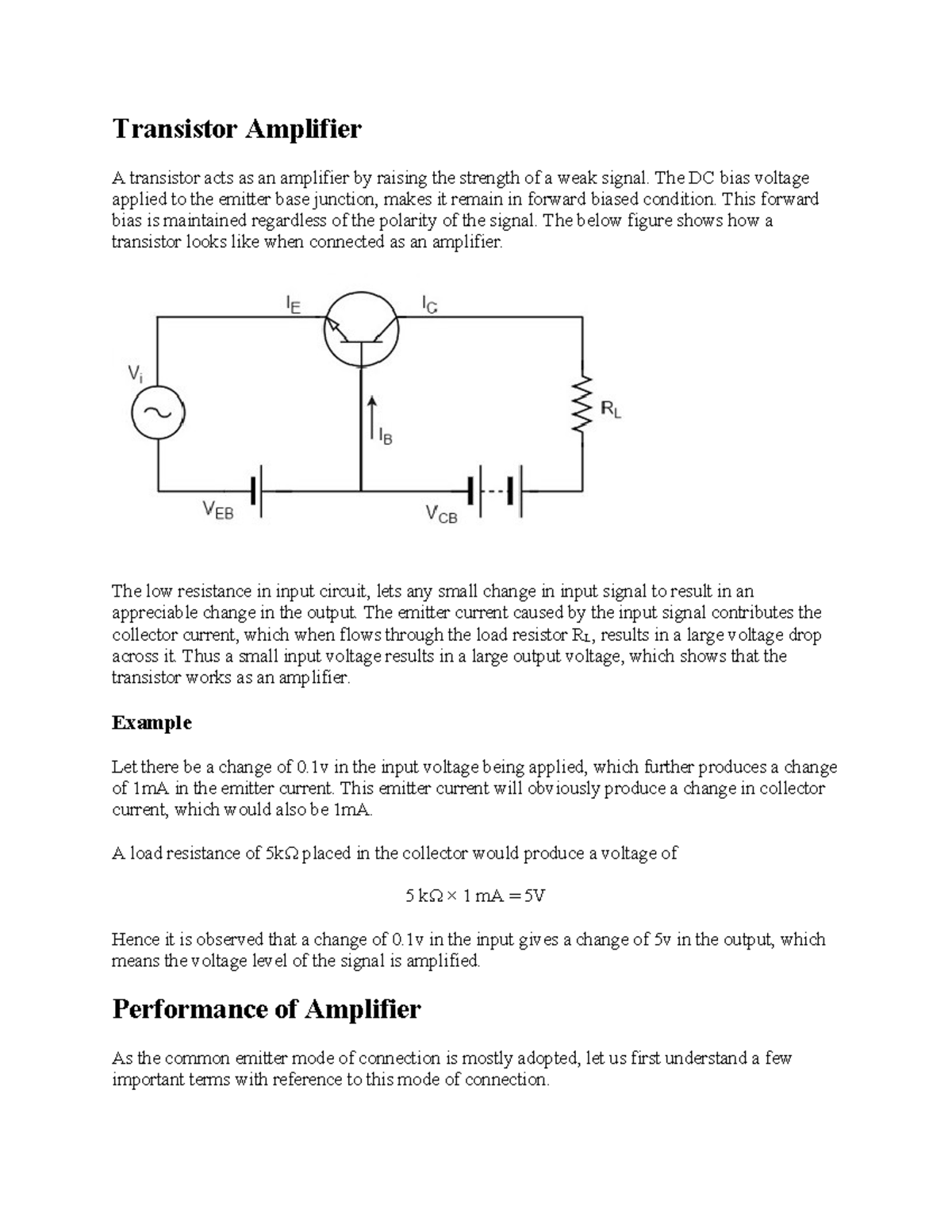 Transistor as Amplifier - Transistor Amplifier A transistor acts as an ...