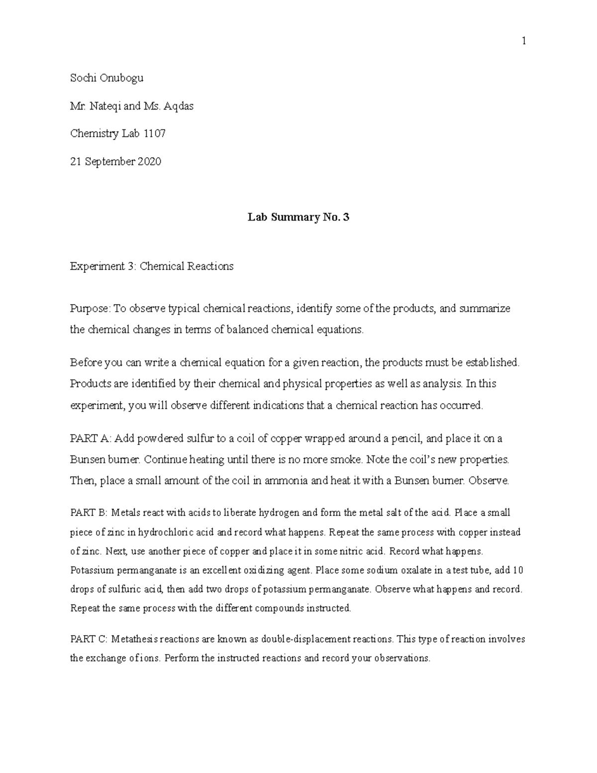 Lab Summary 3 - Chem 1107 - 1 Sochi Onubogu Mr. Nateqi and Ms. Aqdas ...