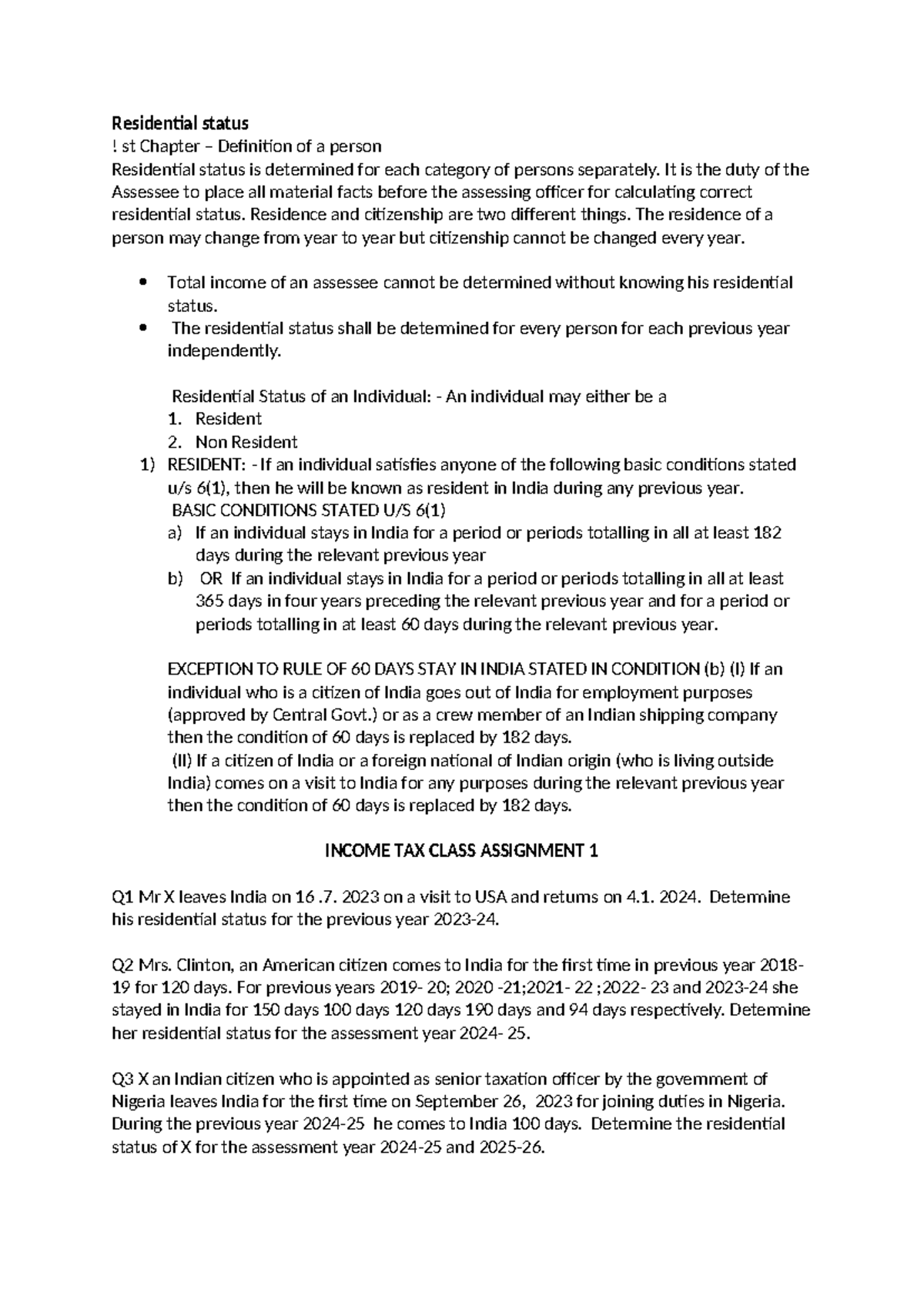 Res Status 1 - notes - Residential status ! st Chapter – Definition of ...