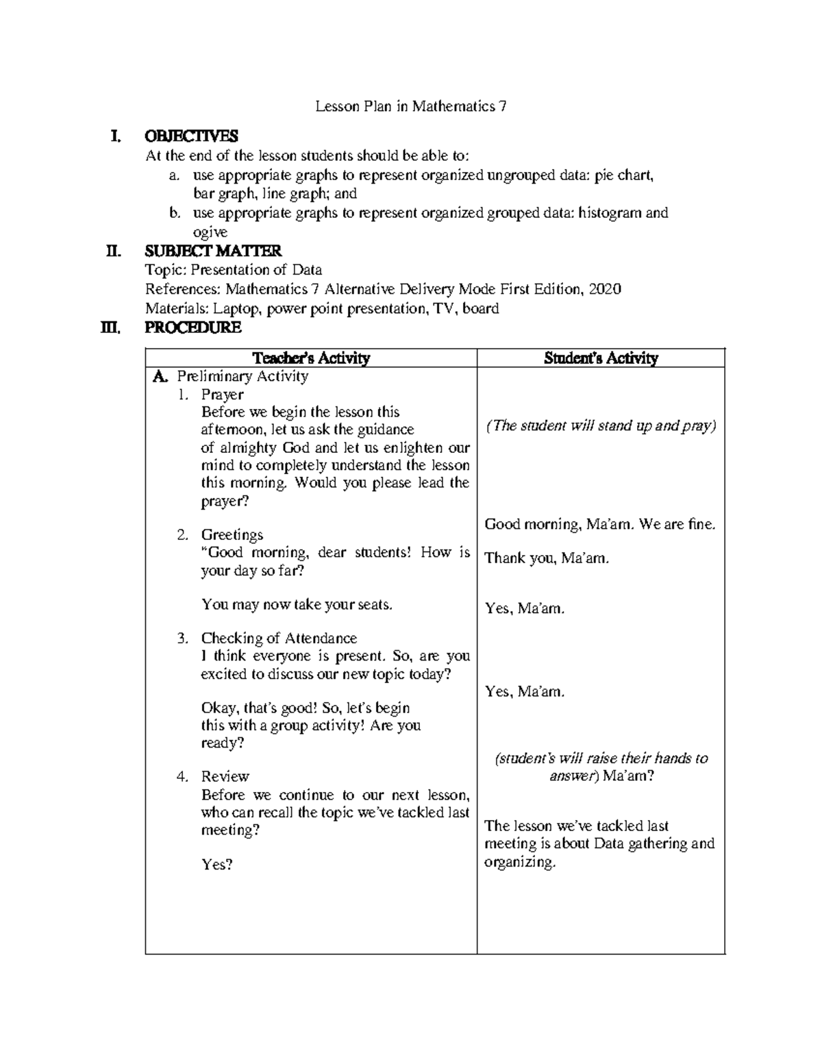 Presentation of Data lesson plan - Lesson Plan in Mathematics 7 I ...
