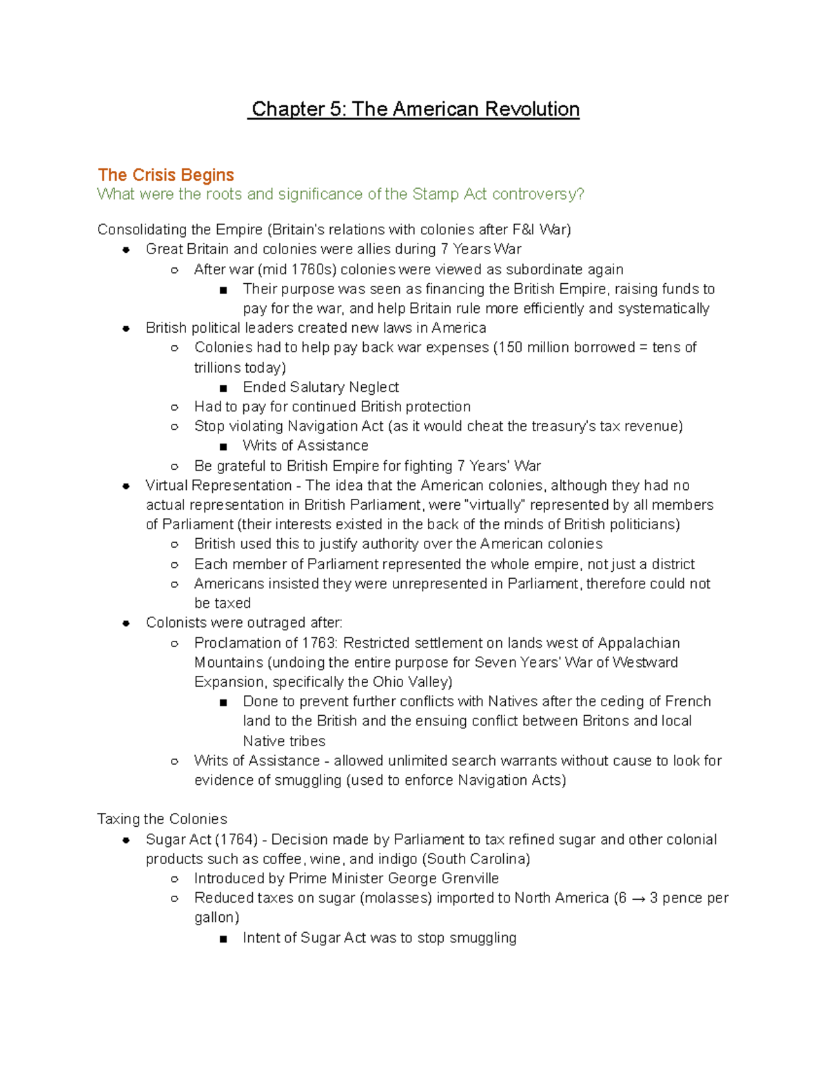 US 1H Chapter 5 - Chapter 5: The American Revolution The Crisis Begins ...