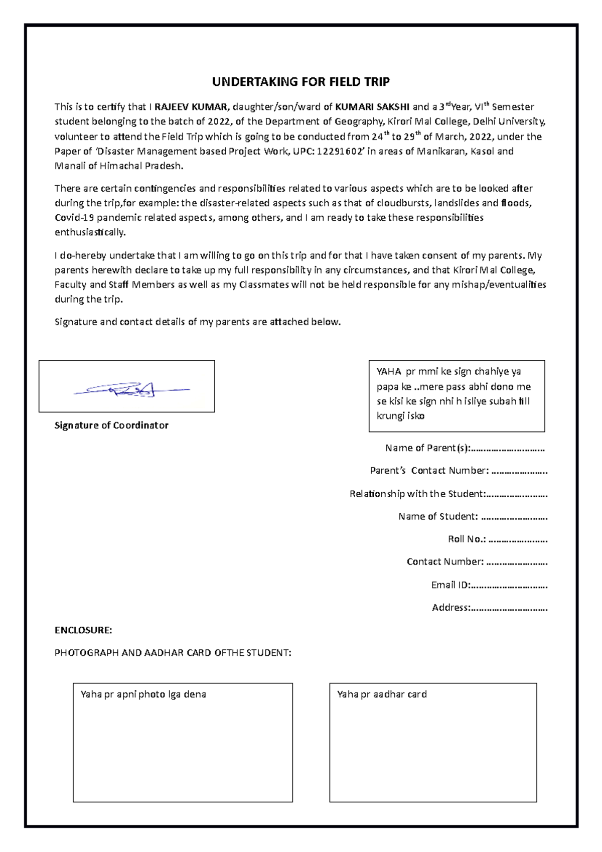 Undertaking of the trip - UNDERTAKING FOR FIELD TRIP This is to certify ...