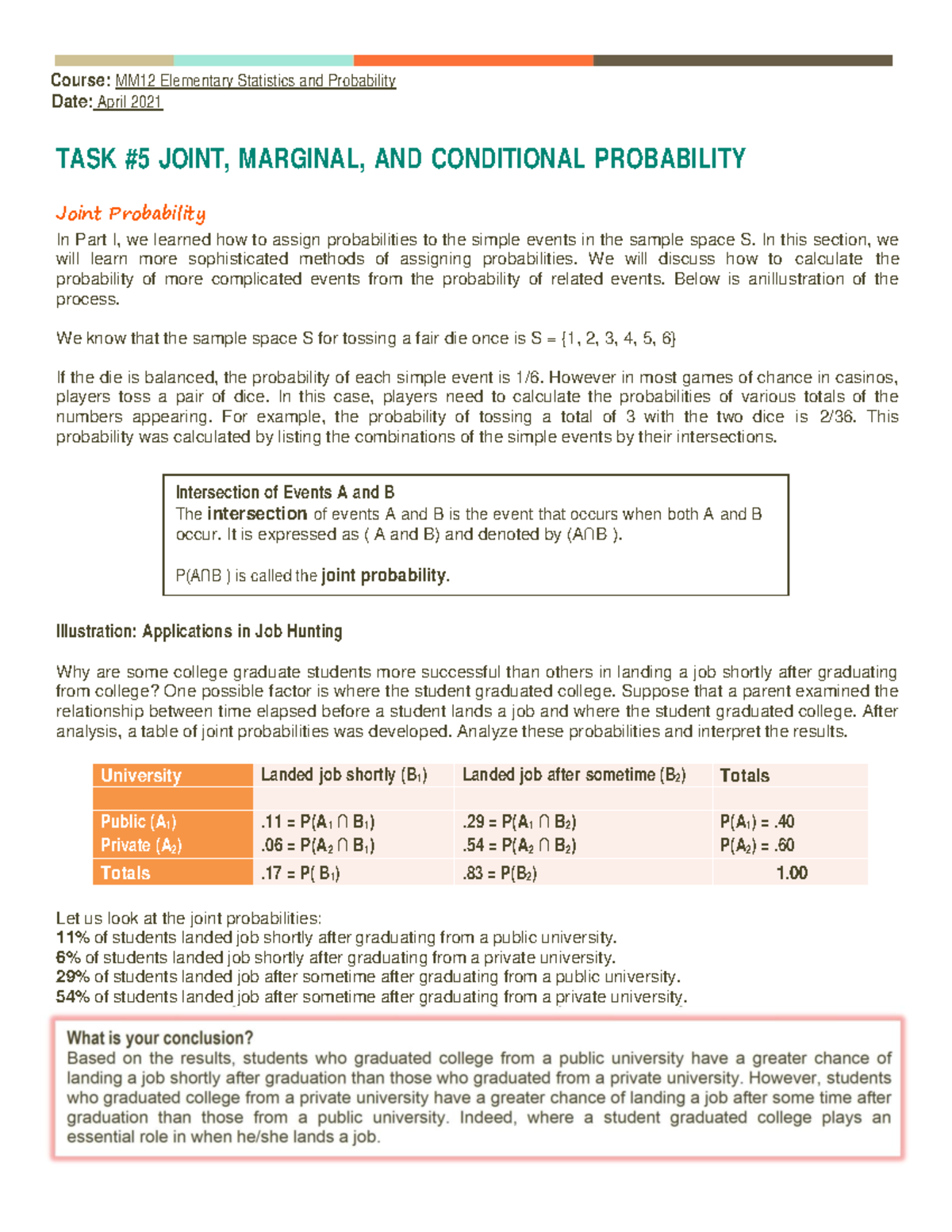 Joint, Marginal and Conditional Probability - Elementary Statistics ...