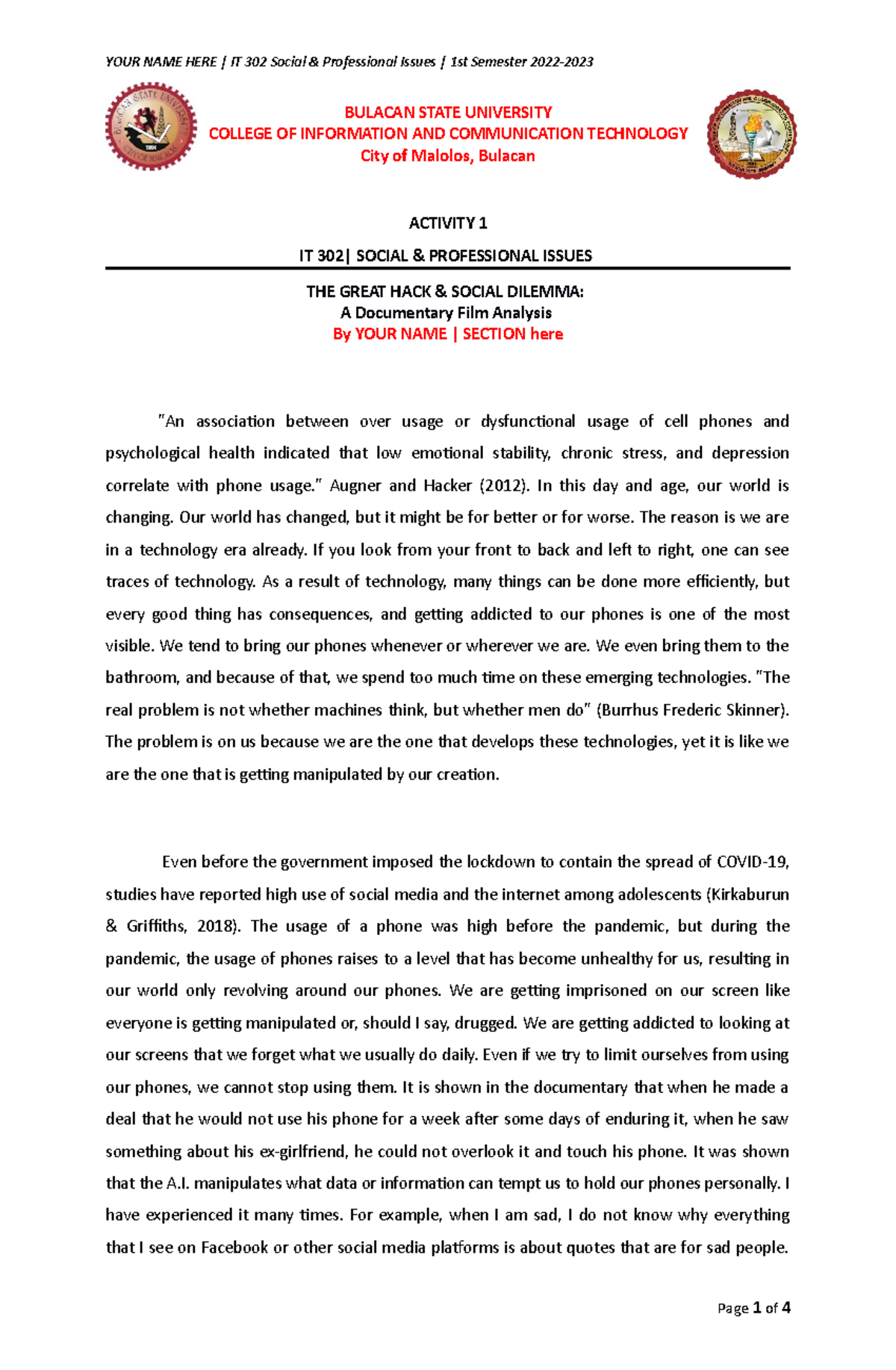 Act1 Documentary Film Analysis - BULACAN STATE UNIVERSITY COLLEGE OF ...