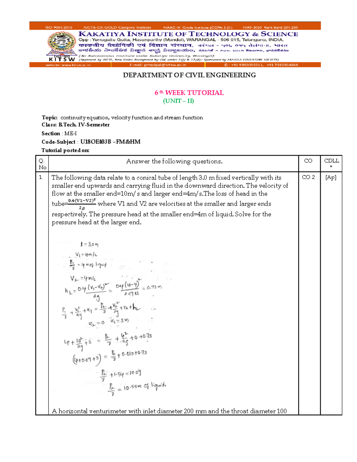 FM-W6-Tutorial Sol - Notes - DEPARTMENT OF CIVIL ENGINEERING 6 th WEEK ...
