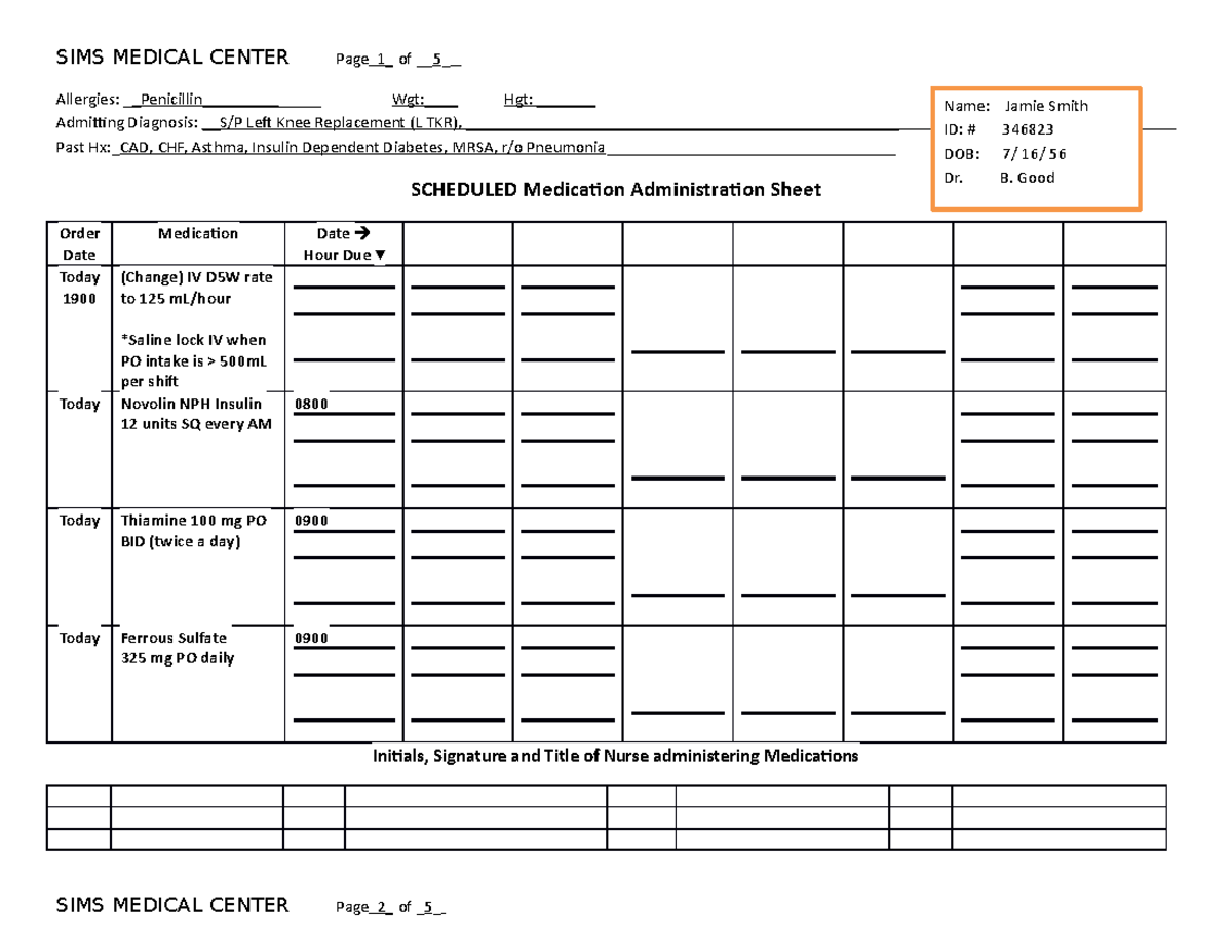 Jamie Smith Med Sheets MAR - NCA-I and can use for all Nsg Courses SP ...