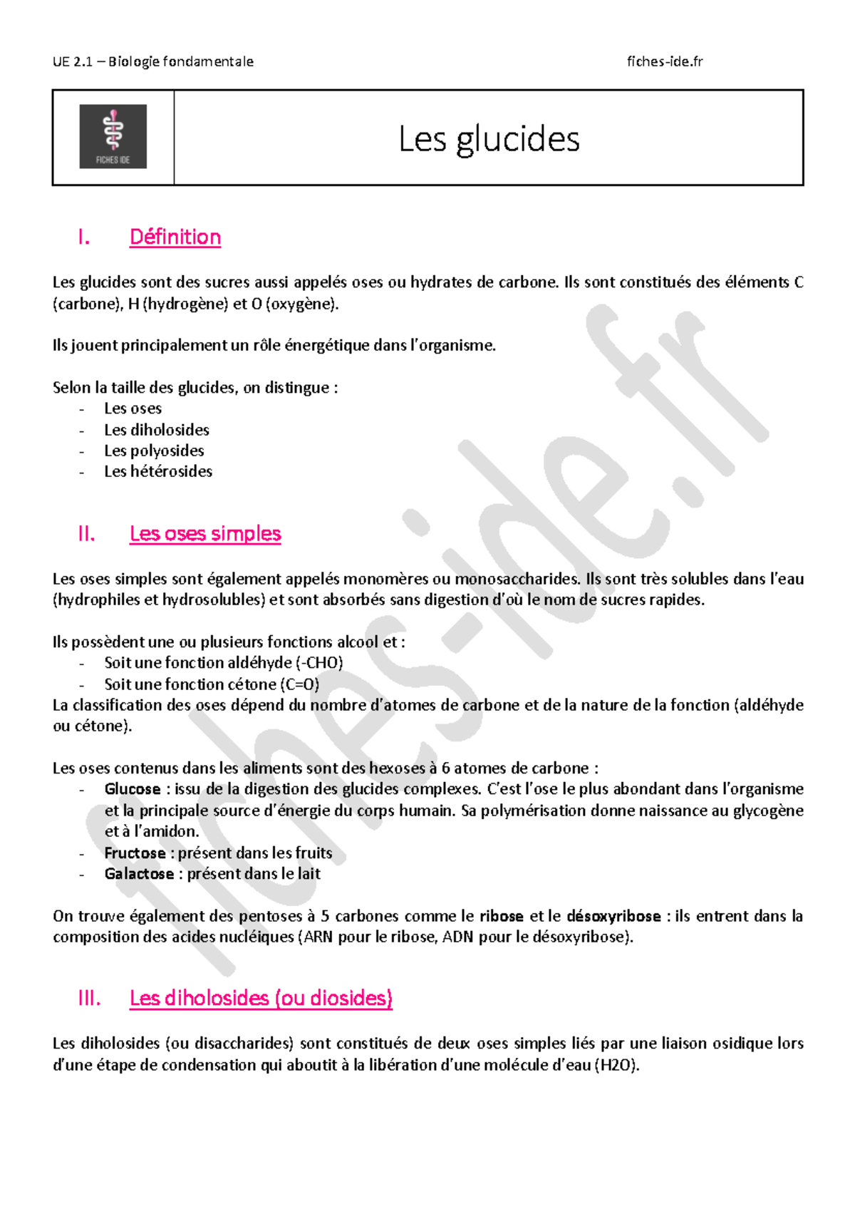 3 - Summary Botanique - UE 2. 1 – Biologie fondamentale fiches-ide Les glucides I. Définition ...