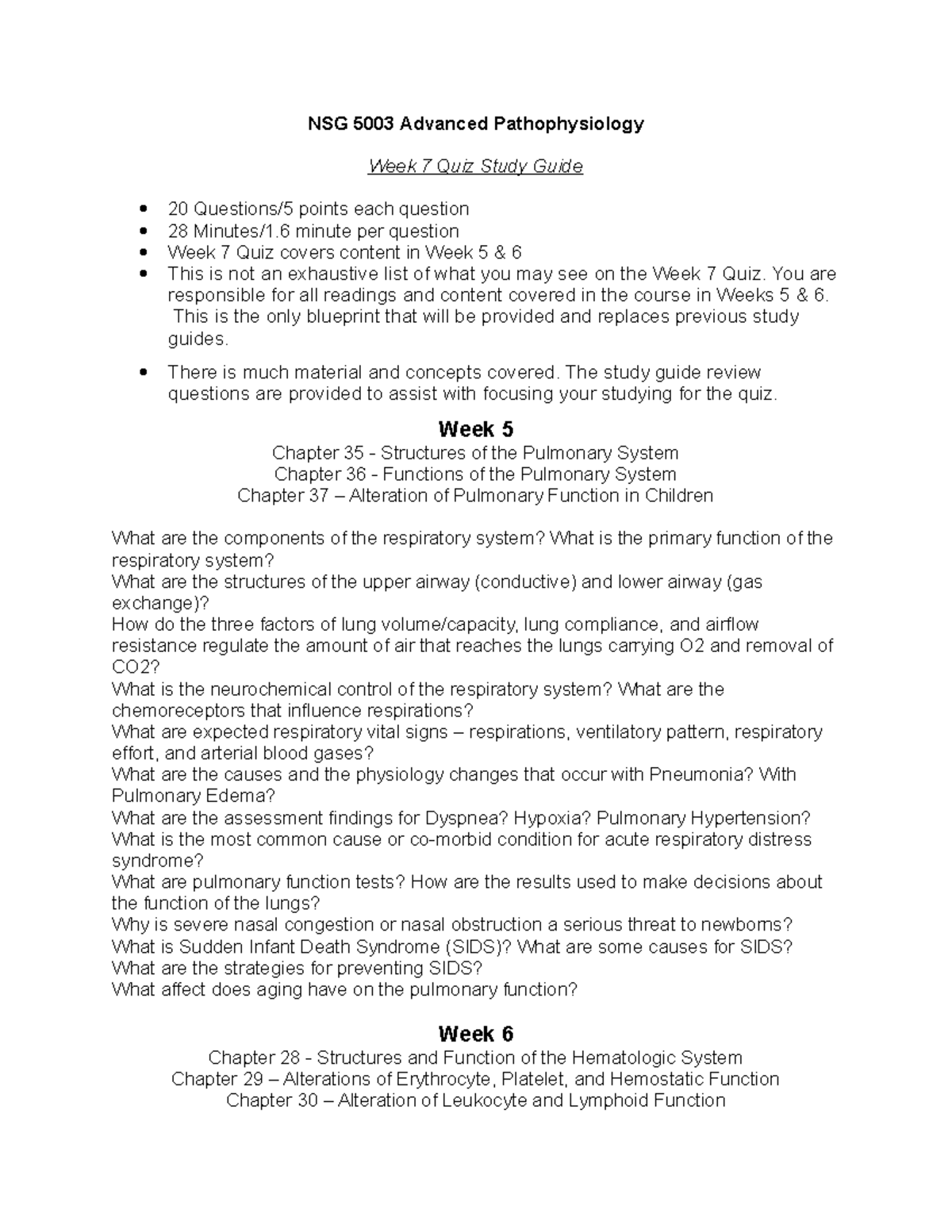 NSG5003 pathophysiology Week 7 Study Guide - NSG 5003 Advanced Pathophysiology Week 7 Quiz Study ...