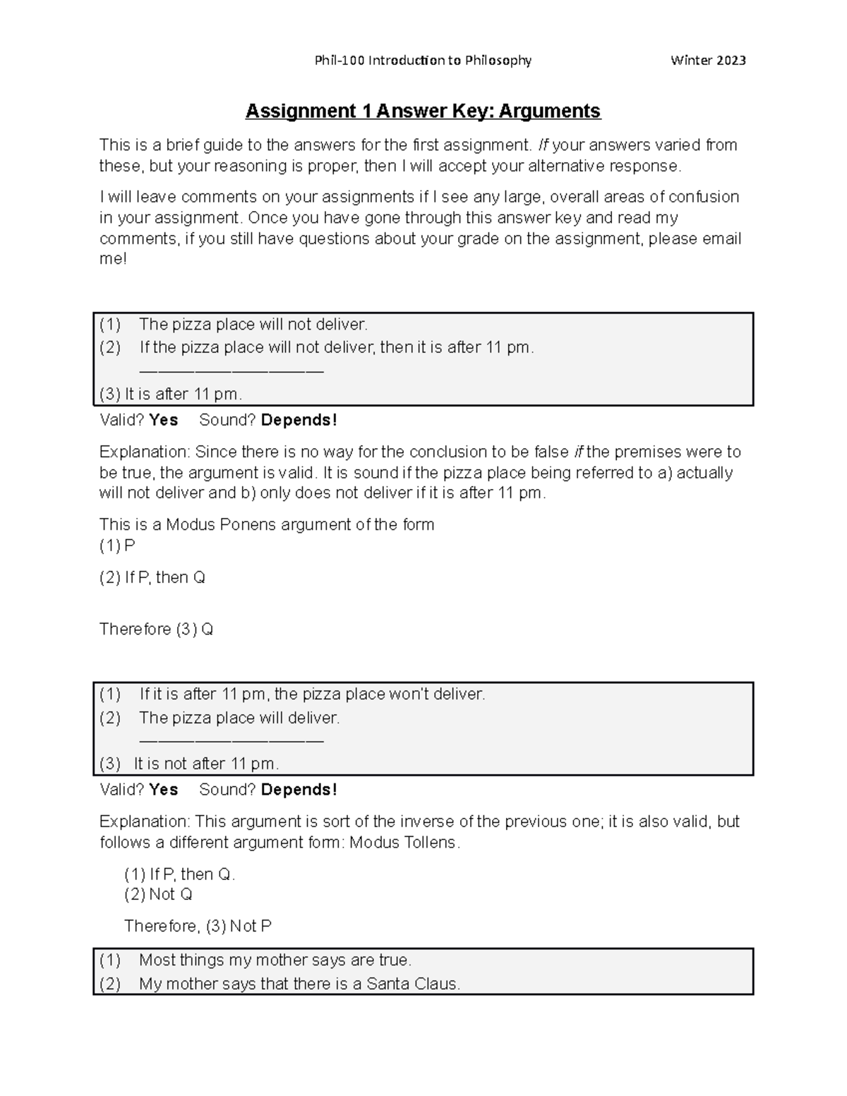 Assignment 1 - Arguments - Phil-100 Introduction to Philosophy Winter ...