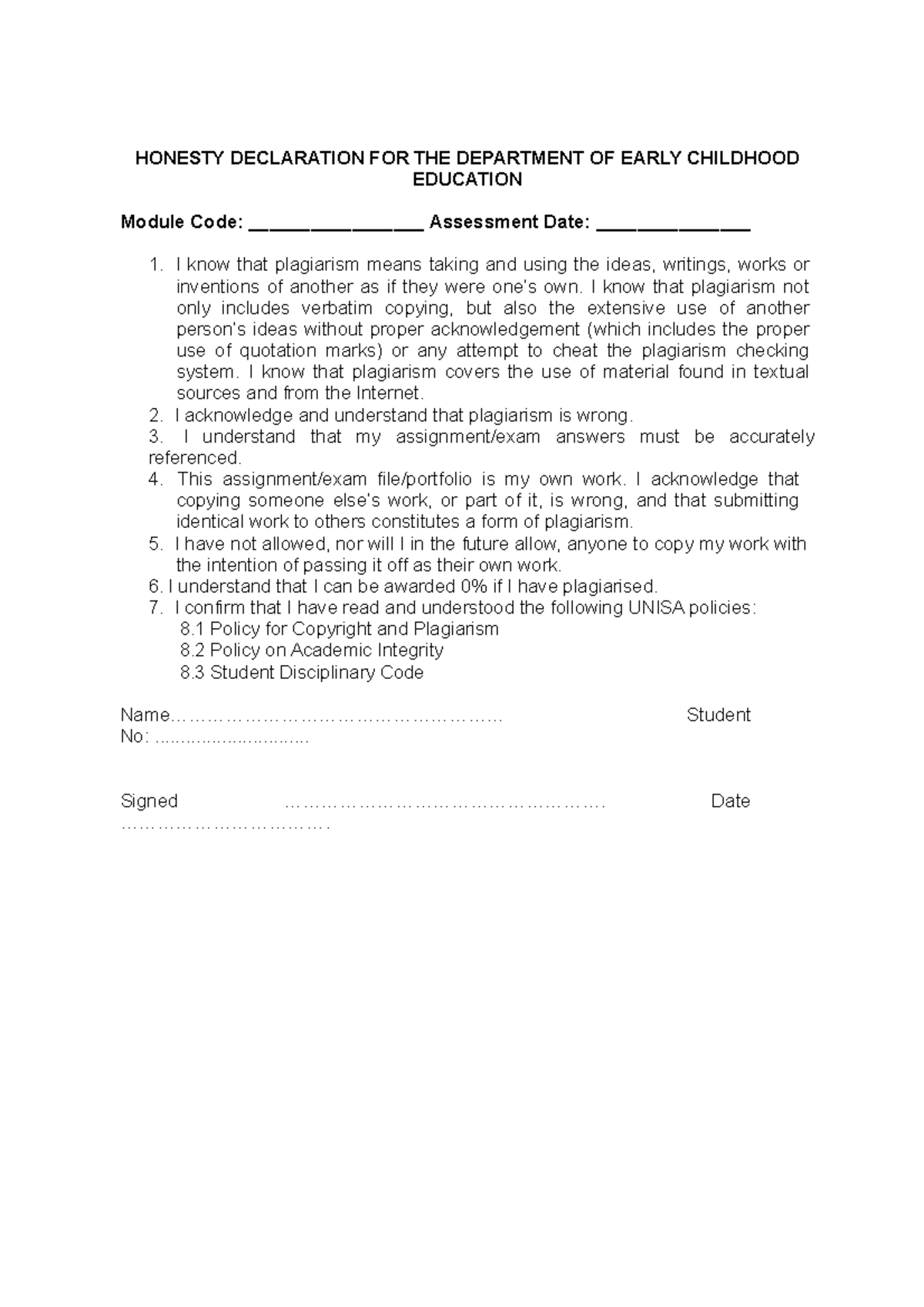 Honesty Declaration FOR THE Department OF Early Childhood Education ...