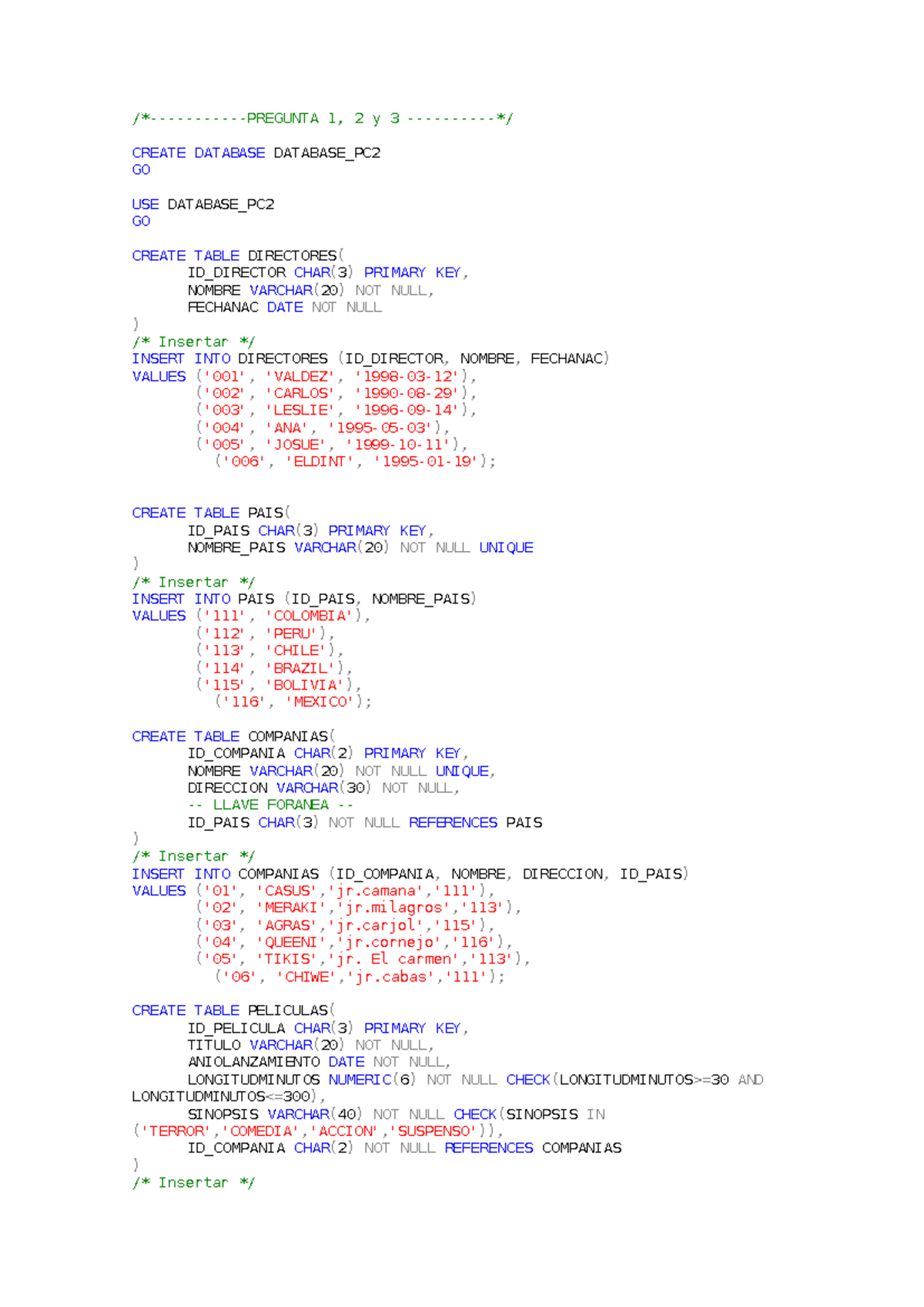 Ejercicios resueltos para examen de SQL - /-PREGUNTA 1, 2 y 3 -/ CREATE DATABASE DATABASE_PC GO ...