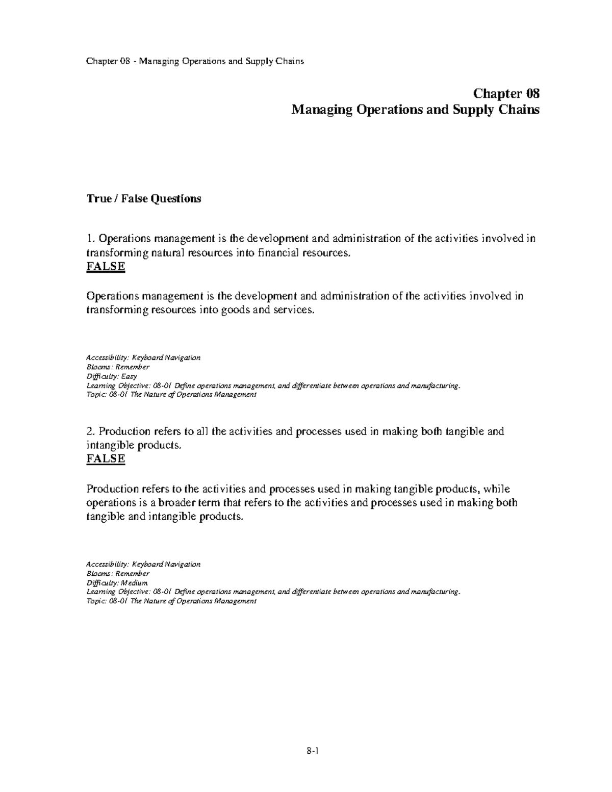 Chap008 - assignment - Chapter 08 Managing Operations and Supply Chains ...