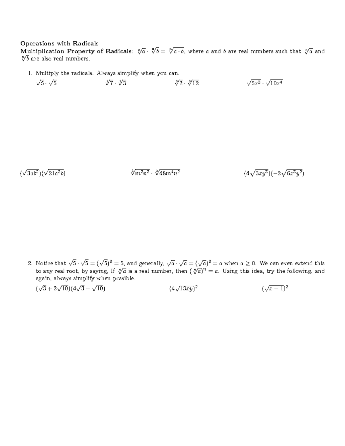 SEW Math worksheet 8.1 - Operations with Radicals Multiplication ...