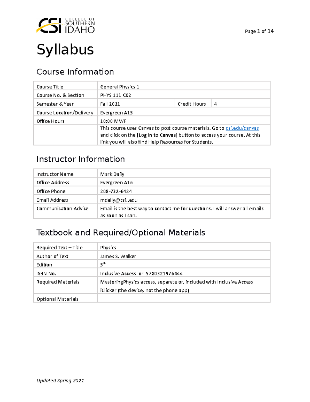 PHYS 111 Syllabus To Show What We Learn In Physics 111 Syllabus