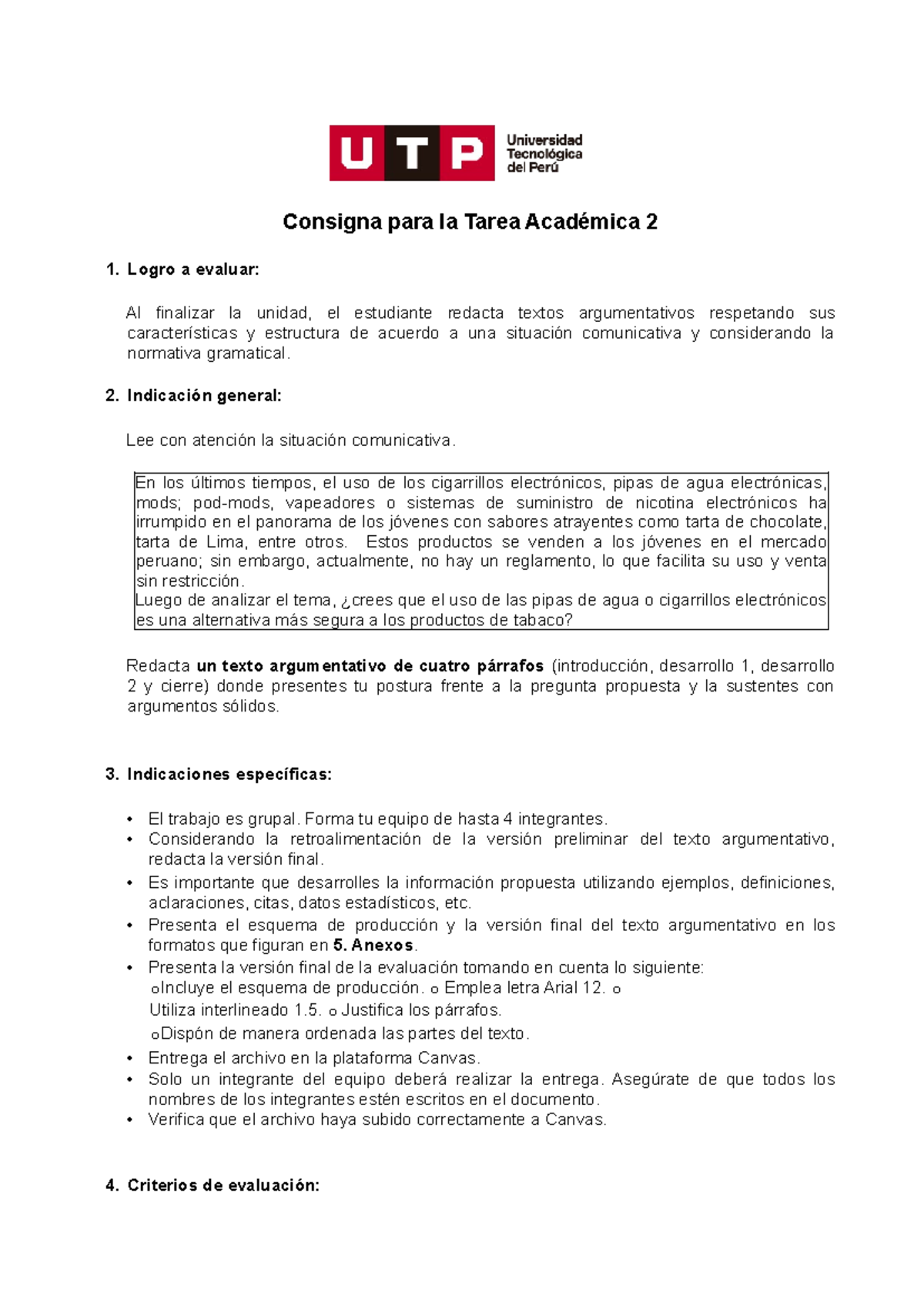 TA2-Compresion y redaccion textos 2 - Consigna para la Tarea Académica 2 1. Logro a evaluar: Al ...