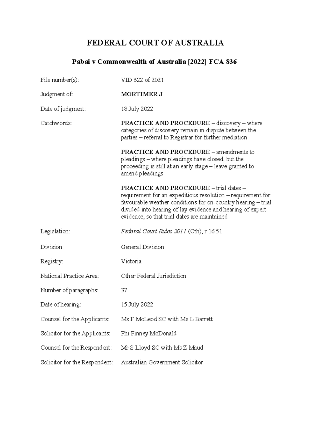 Pabai v Commonwealth of Australia [2022] FCA 836 - FEDERAL COURT OF ...