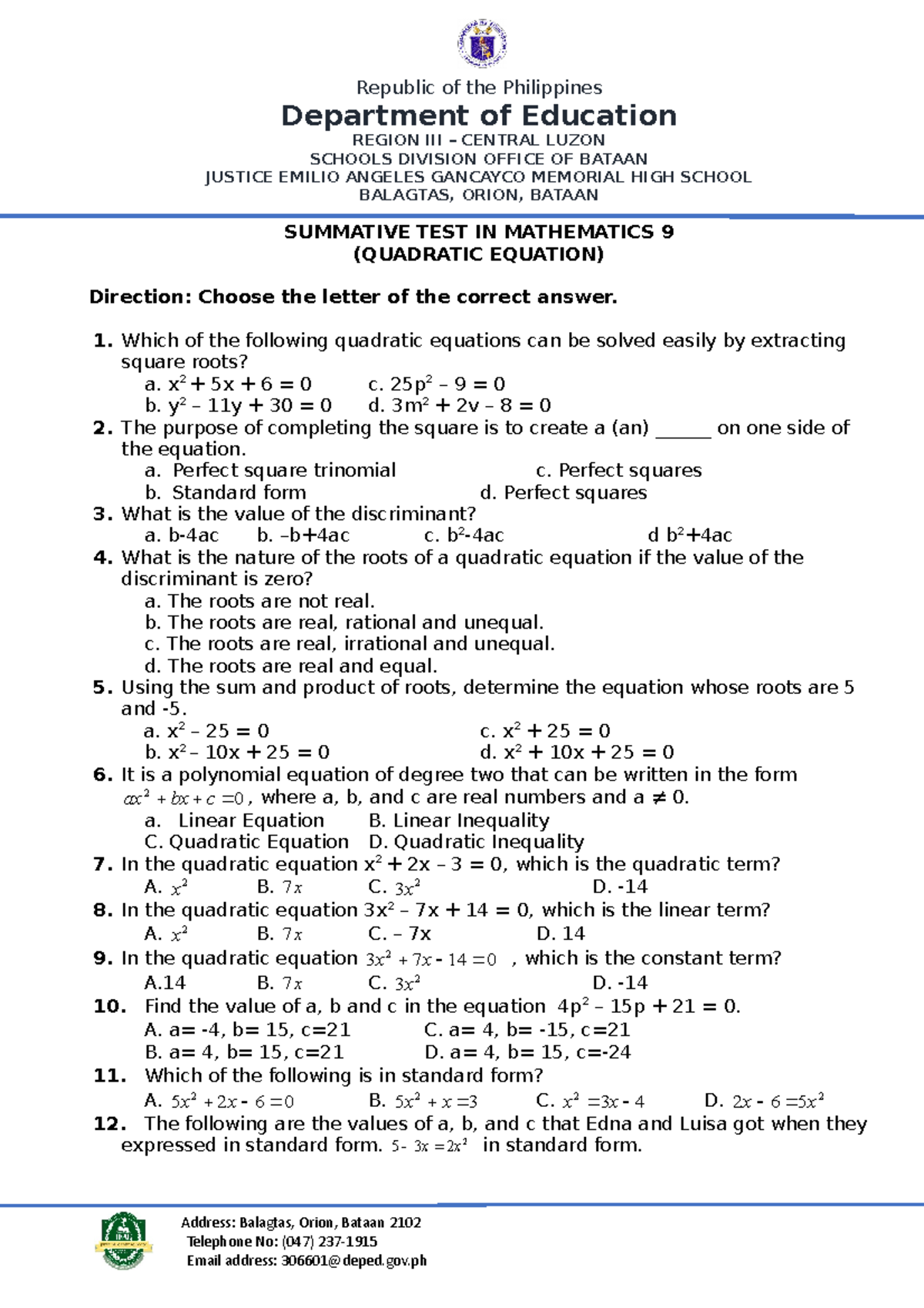 1st Summative TEST quadratic equations - Republic of the Philippines ...
