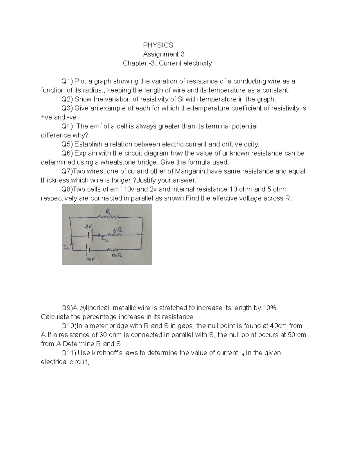 Assignment, ch 3,class 12 - PHYSICS Assignment 3 Chapter -3, Current ...
