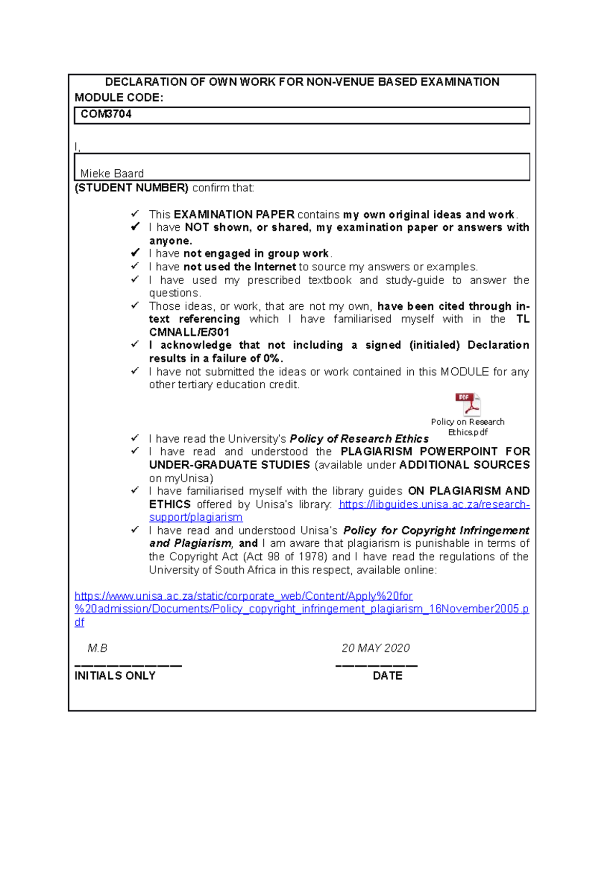 COM3704 EXAM 62639560 - Assignment 3 exam portfolio - DECLARATION OF ...