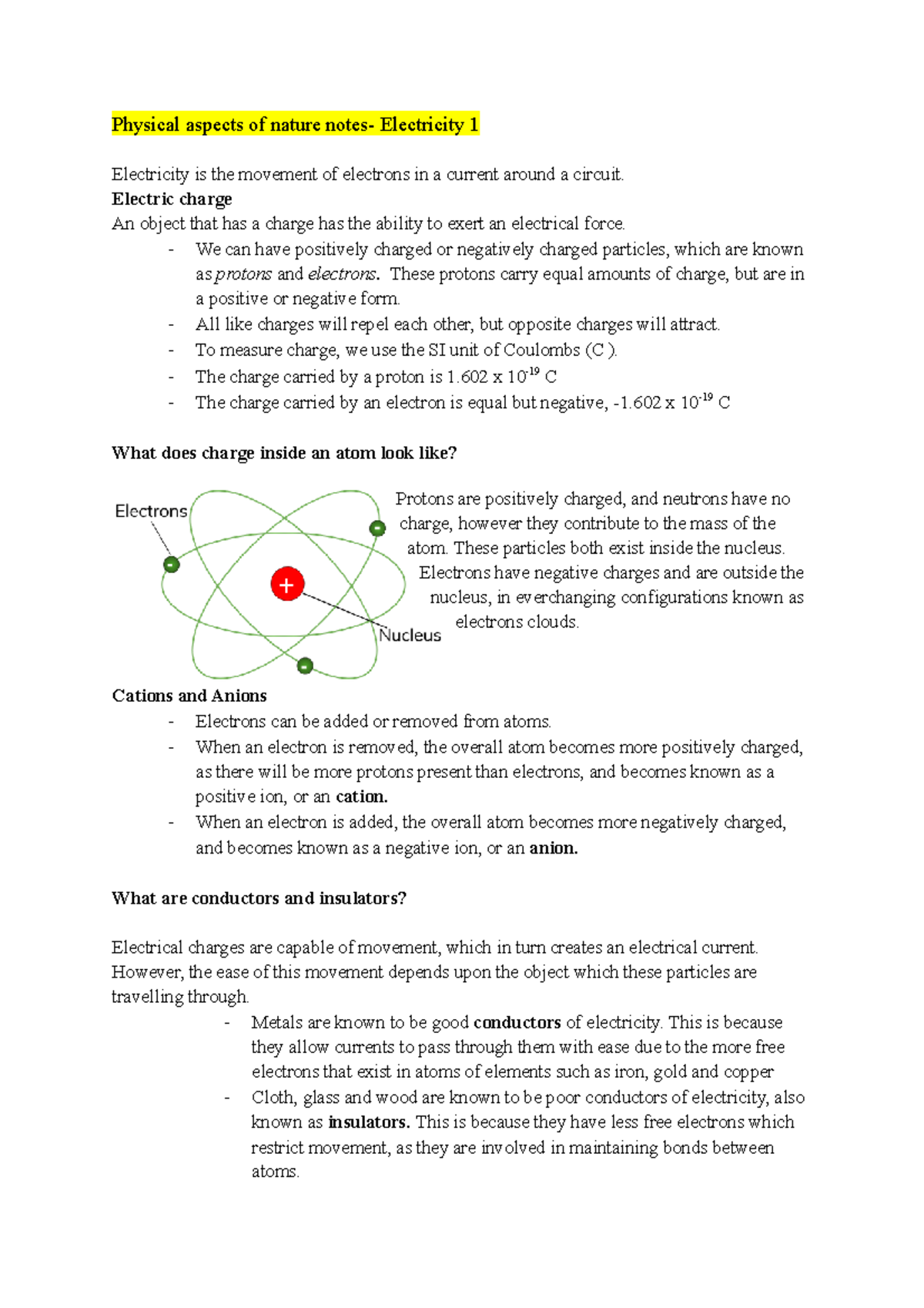 PAN- Electricity 1 Intro - Physical aspects of nature notes ...