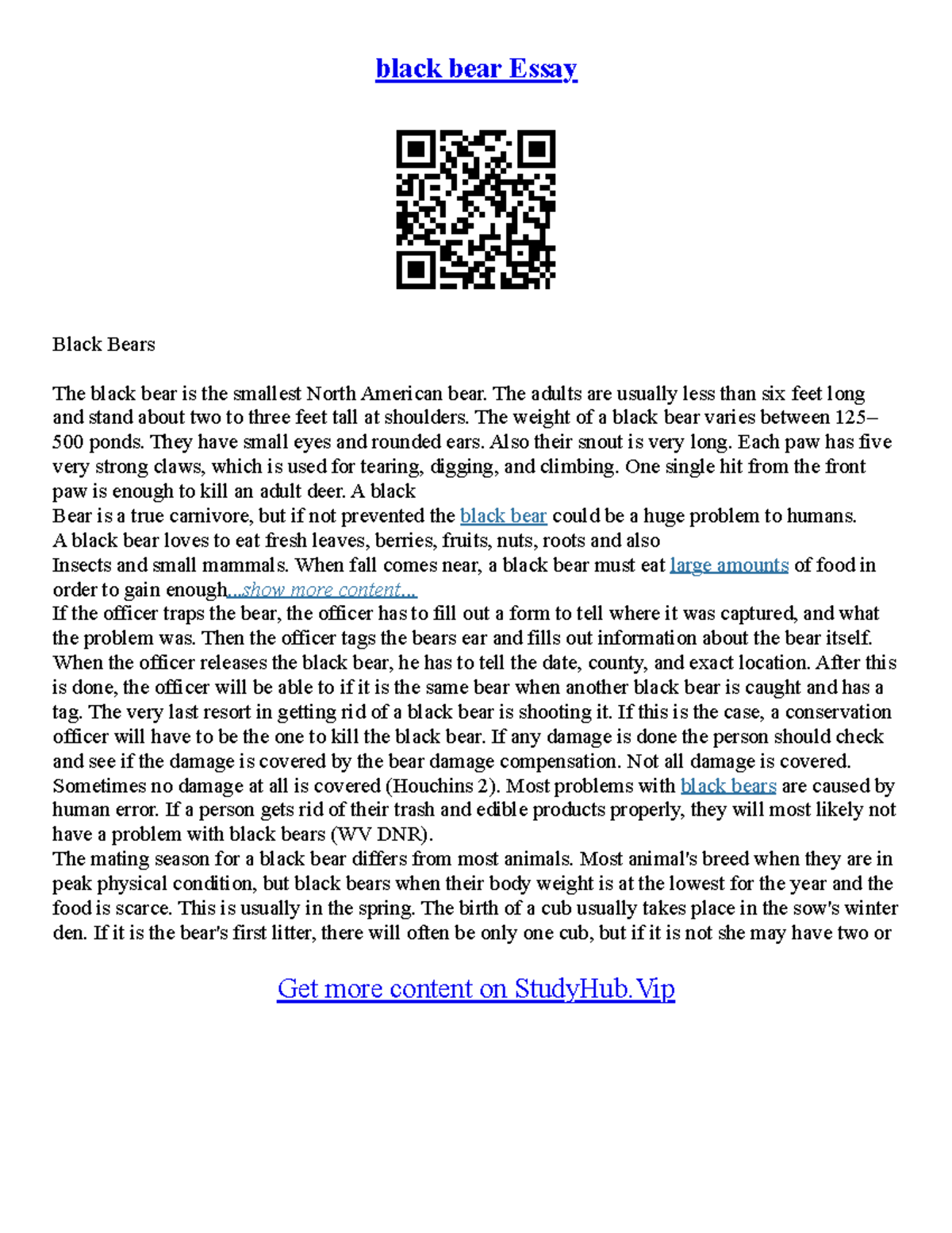 Causal Analysis Essay Outline - black bear Essay Black Bears The black ...