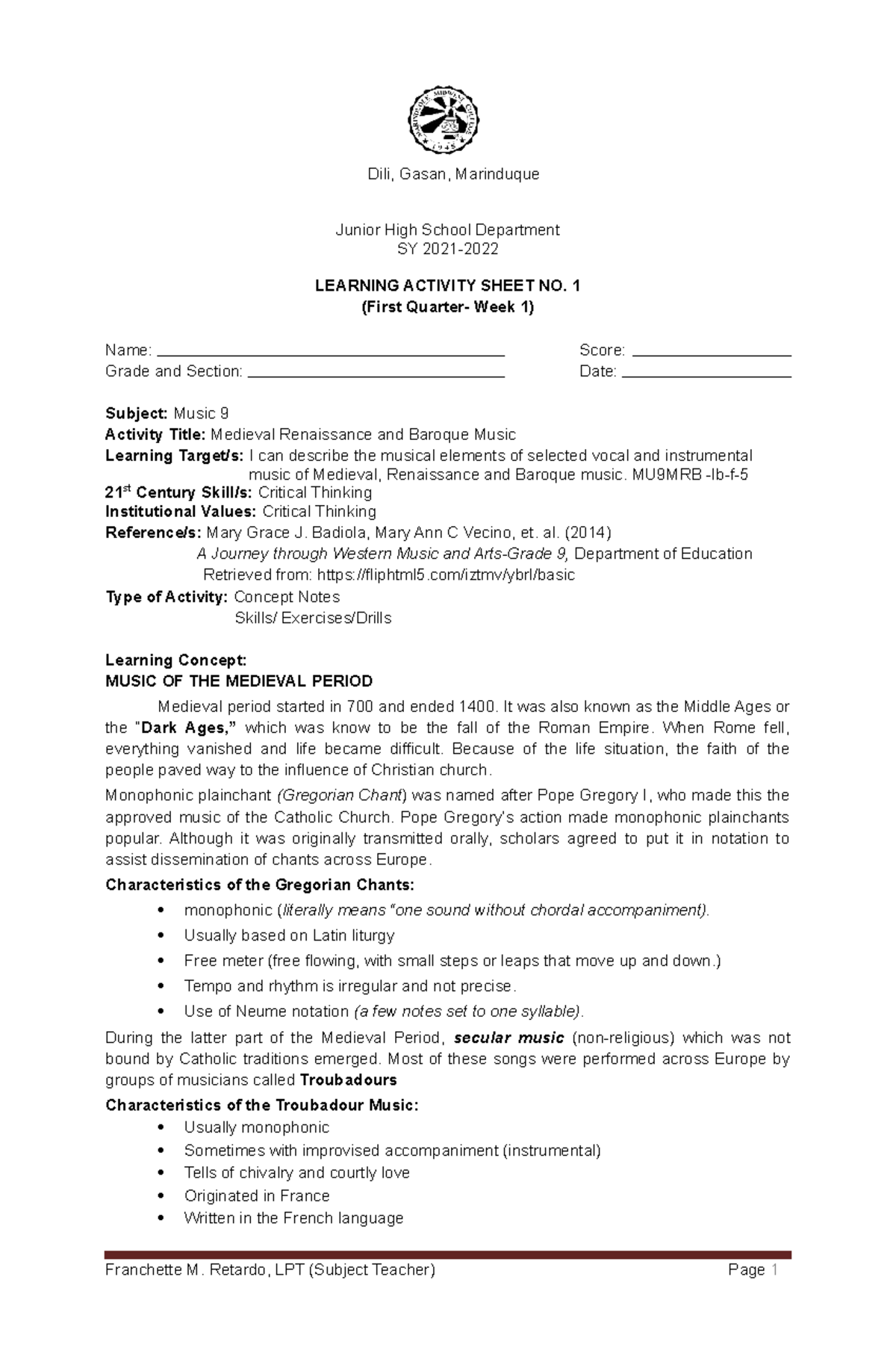 Sample Format of Learning Activity Sheets - Dili, Gasan, Marinduque ...