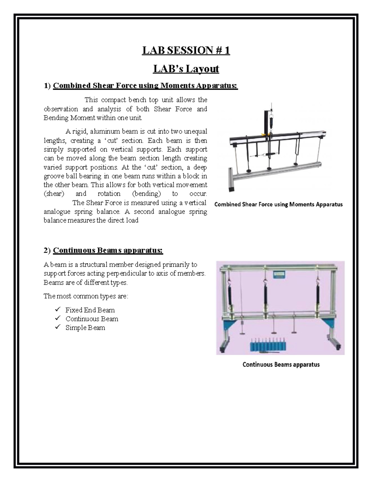 LAB Session 1 mom 2 - lab report - LAB SESSION # 1 LAB’s Layout 1) Combined Shear Force using ...