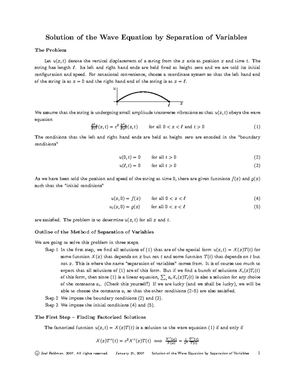 Topic 6 solving PED - Solution of the Wave Equation by Separation of Variables The Problem Let u ...