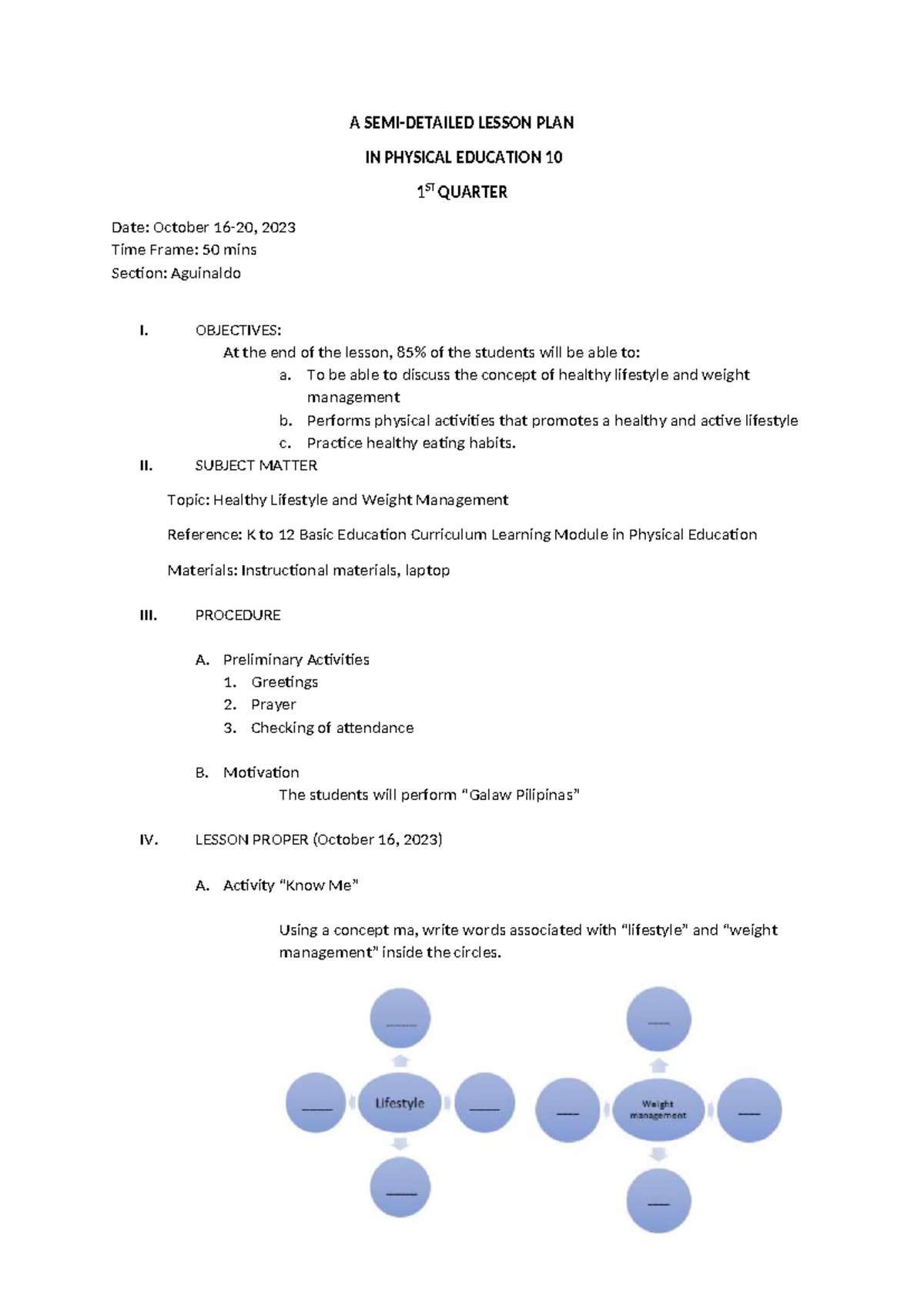 LP PE WEEK 7 - LESSON PLAN - A SEMI-DETAILED LESSON PLAN IN PHYSICAL ...
