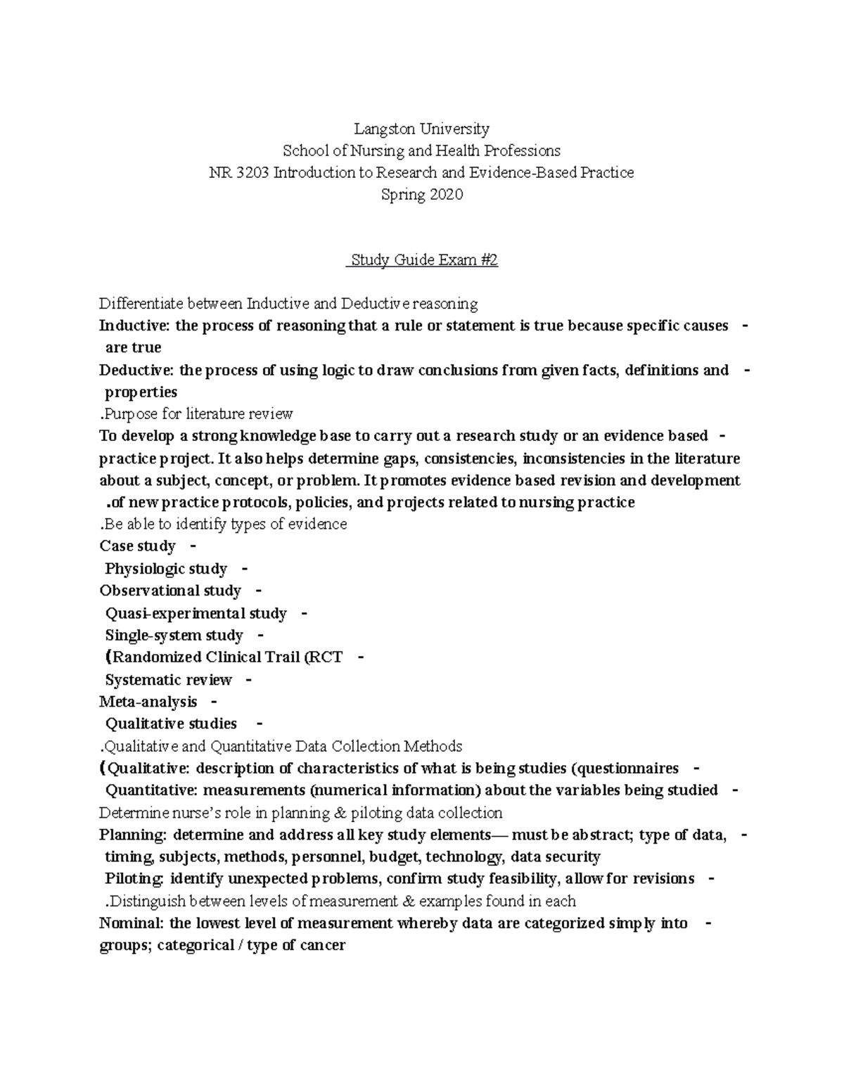 Research - Study Guide Test #2-2 - Langston University School of ...