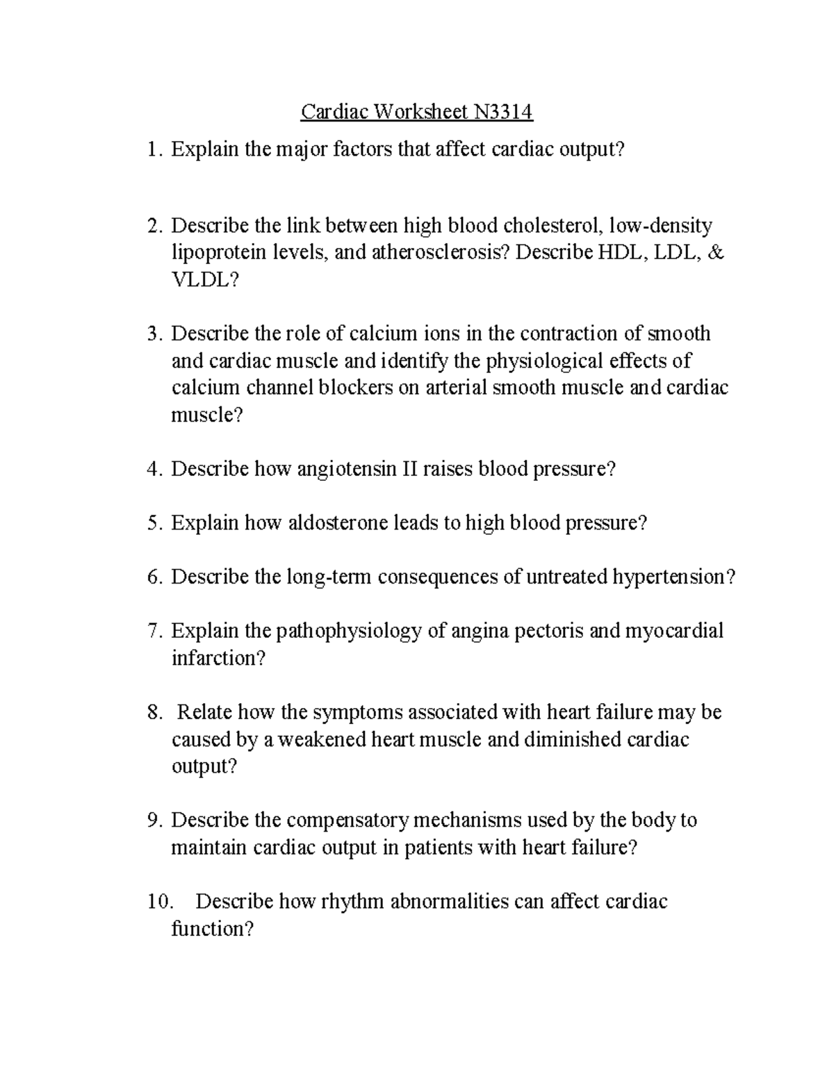 Cardiac Worksheet N3314 - Cardiac Worksheet N Explain the major factors that affect cardiac ...