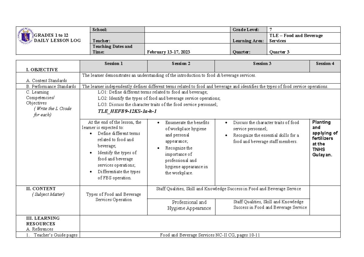 Pdfcoffee - n/a - GRADES 1 to 12 DAILY LESSON LOG School: Grade Level: 7 Teacher: Learning Area ...