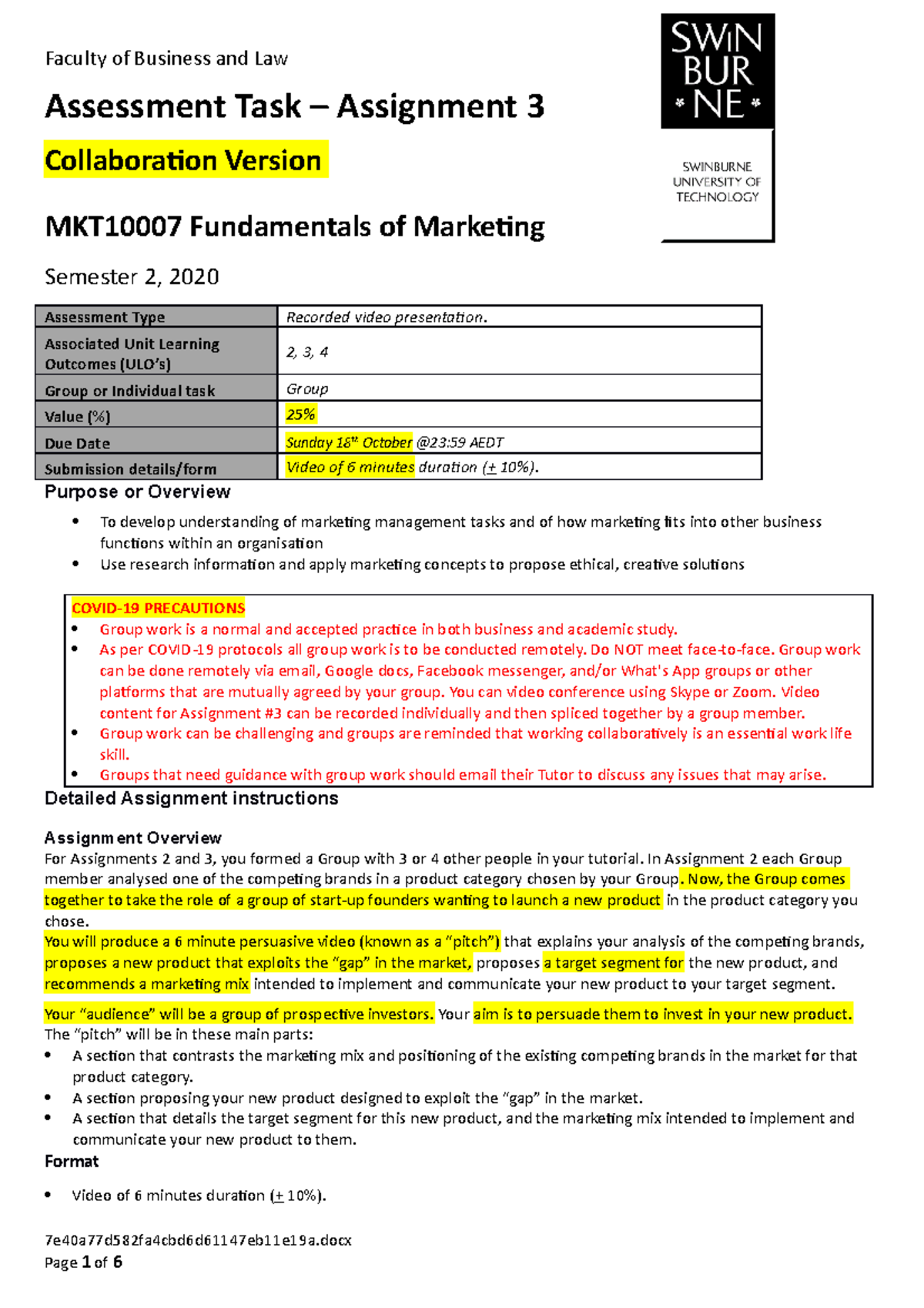 MKT10007 S2,20 Assignment 3 Collaboration Version - Faculty of Business ...