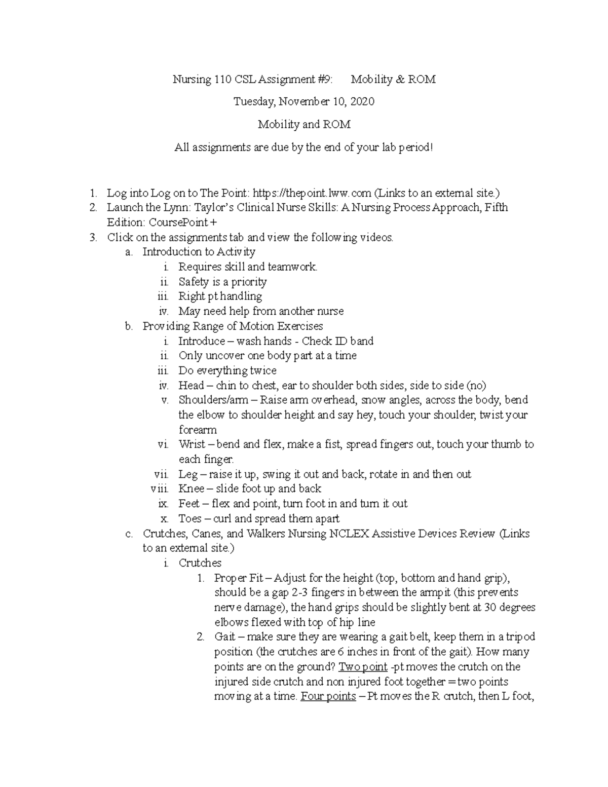 NURS 110 - CSL 11-10 - CSL in november - Nursing 110 CSL Assignment #9 ...