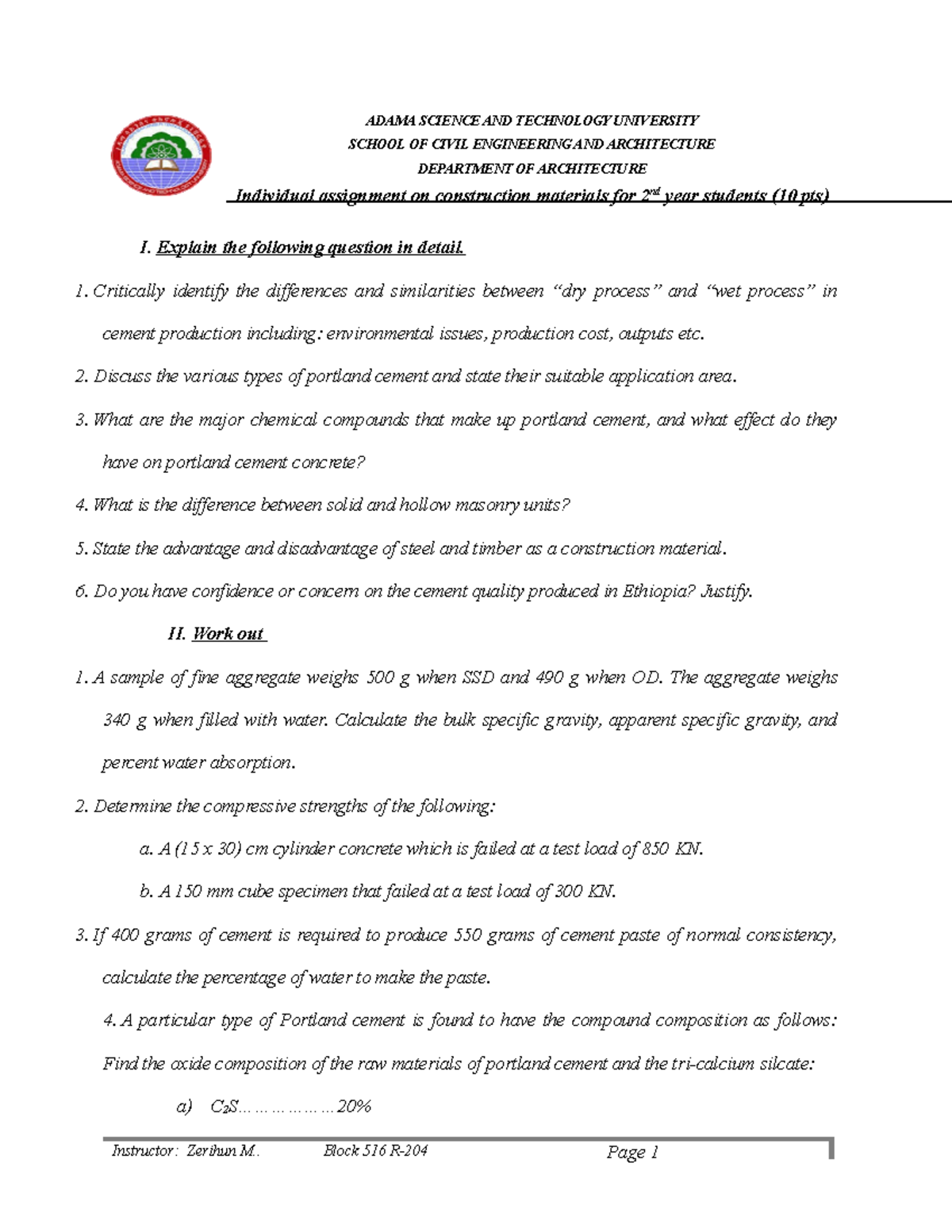 Assignment - ADAMA SCIENCE AND TECHNOLOGY UNIVERSITY SCHOOL OF CIVIL ENGINEERING AND ...