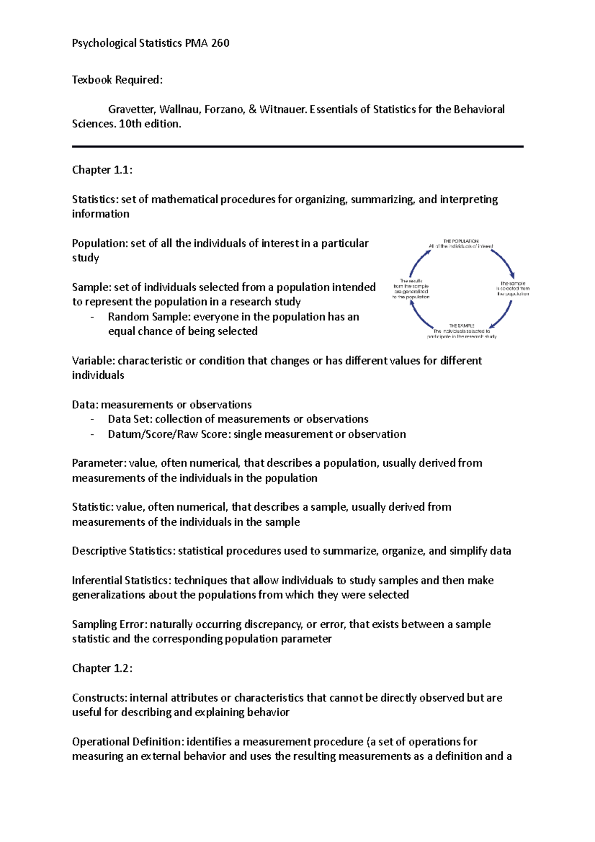 Psychological Statistics Notes 1 - Texbook Required: Gravetter, Wallnau ...