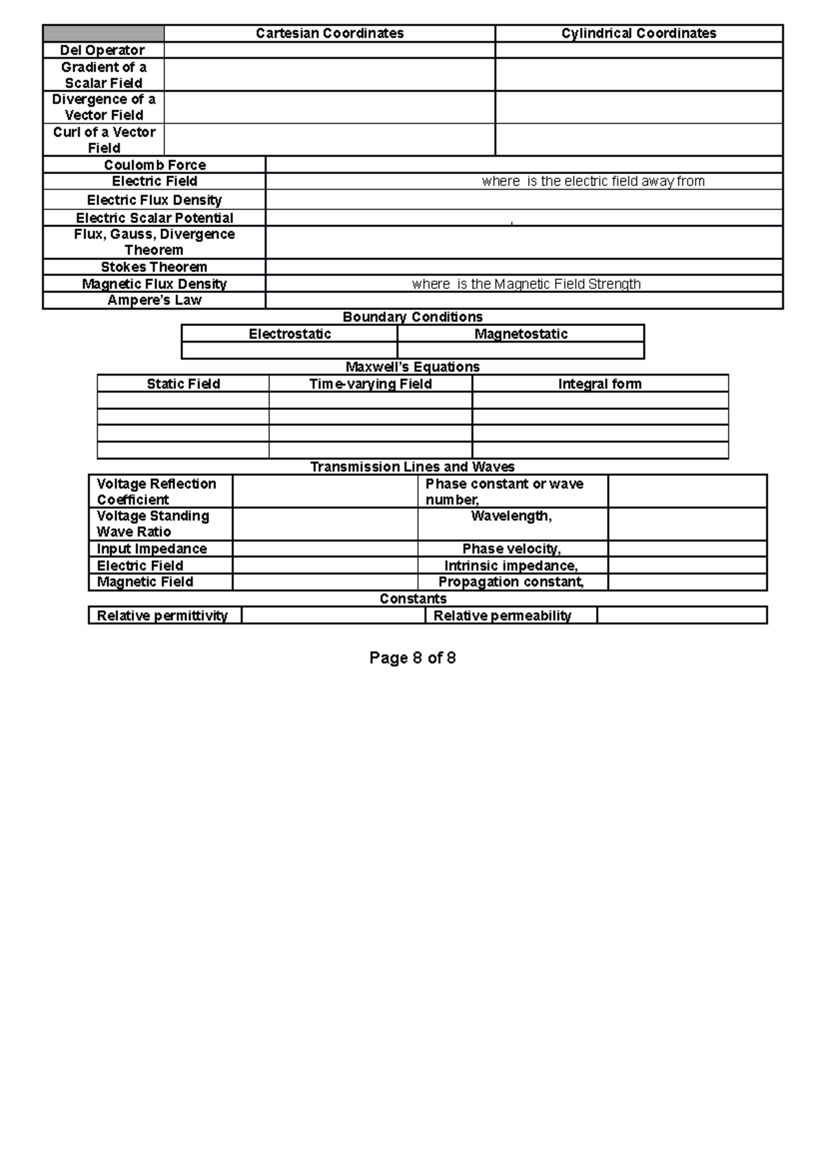 Formula Sheet v4 - Cartesian Coordinates Cylindrical Coordinates Del ...