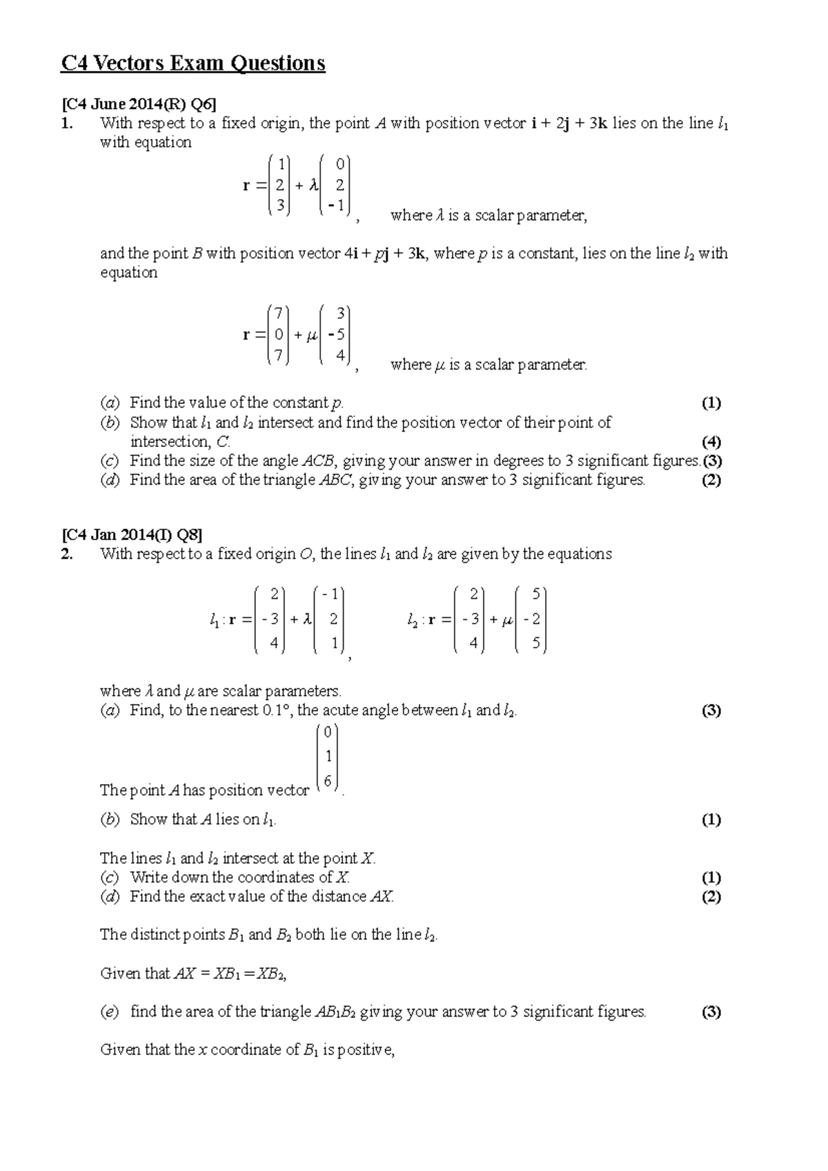 C4 Exam Questions Chp5 Vectors practice - C4 Vectors Exam Questions [C4 ...