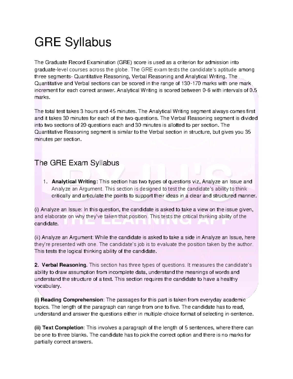 GRE-Syllabus - GRE Syllabus The Graduate Record Examination (GRE) score ...
