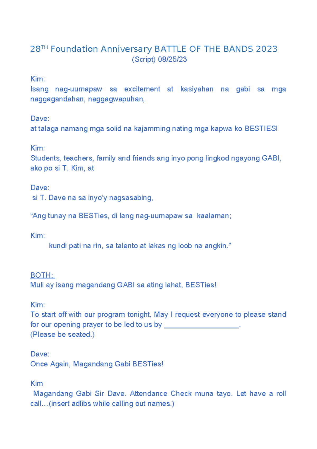 BAND Script - N/A - 28 TH Foundation Anniversary BATTLE OF THE BANDS ...