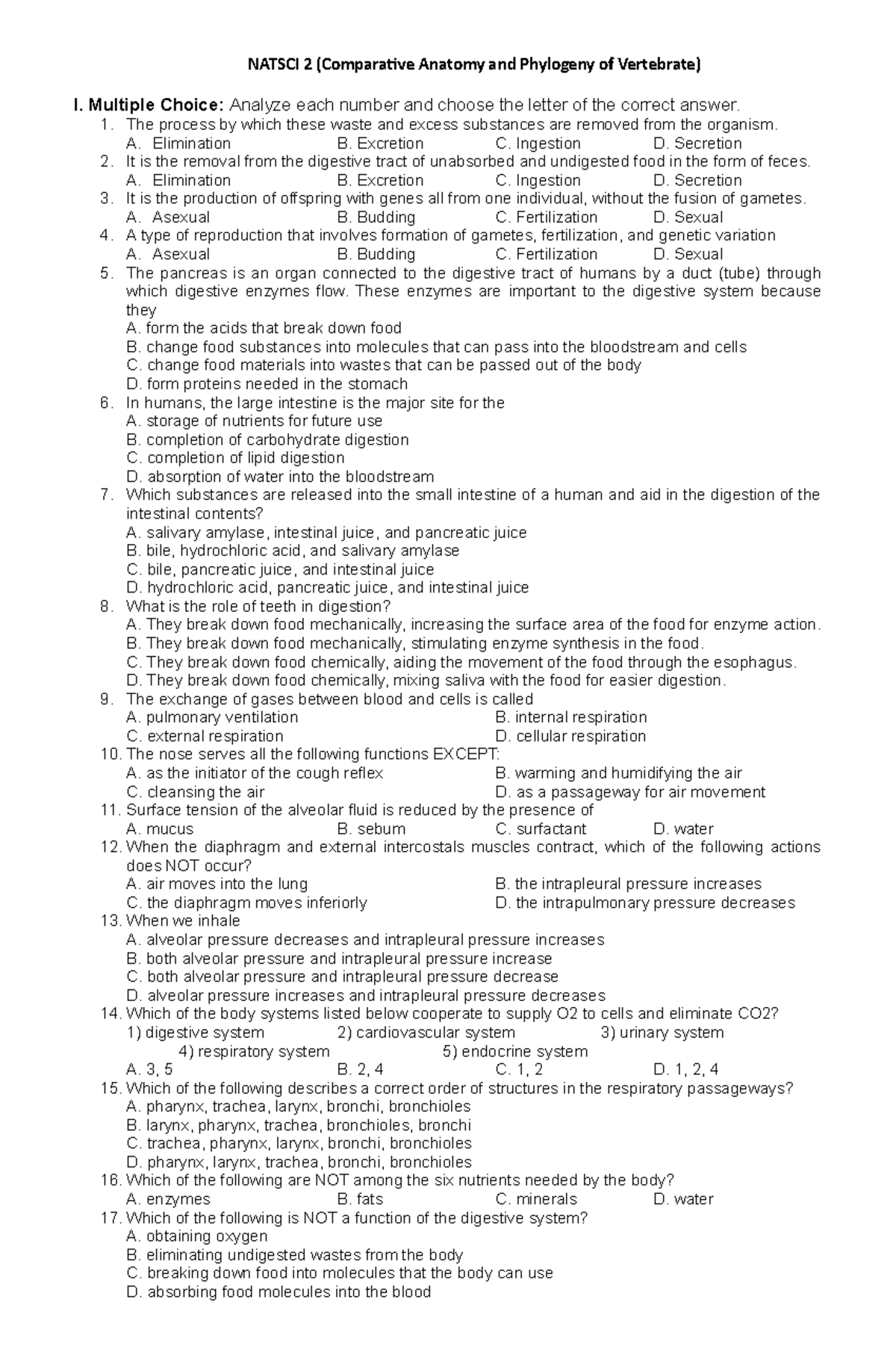 Quiz 3 Natural Science 2 Comparative Anatomy - NATSCI 2 (Comparative ...