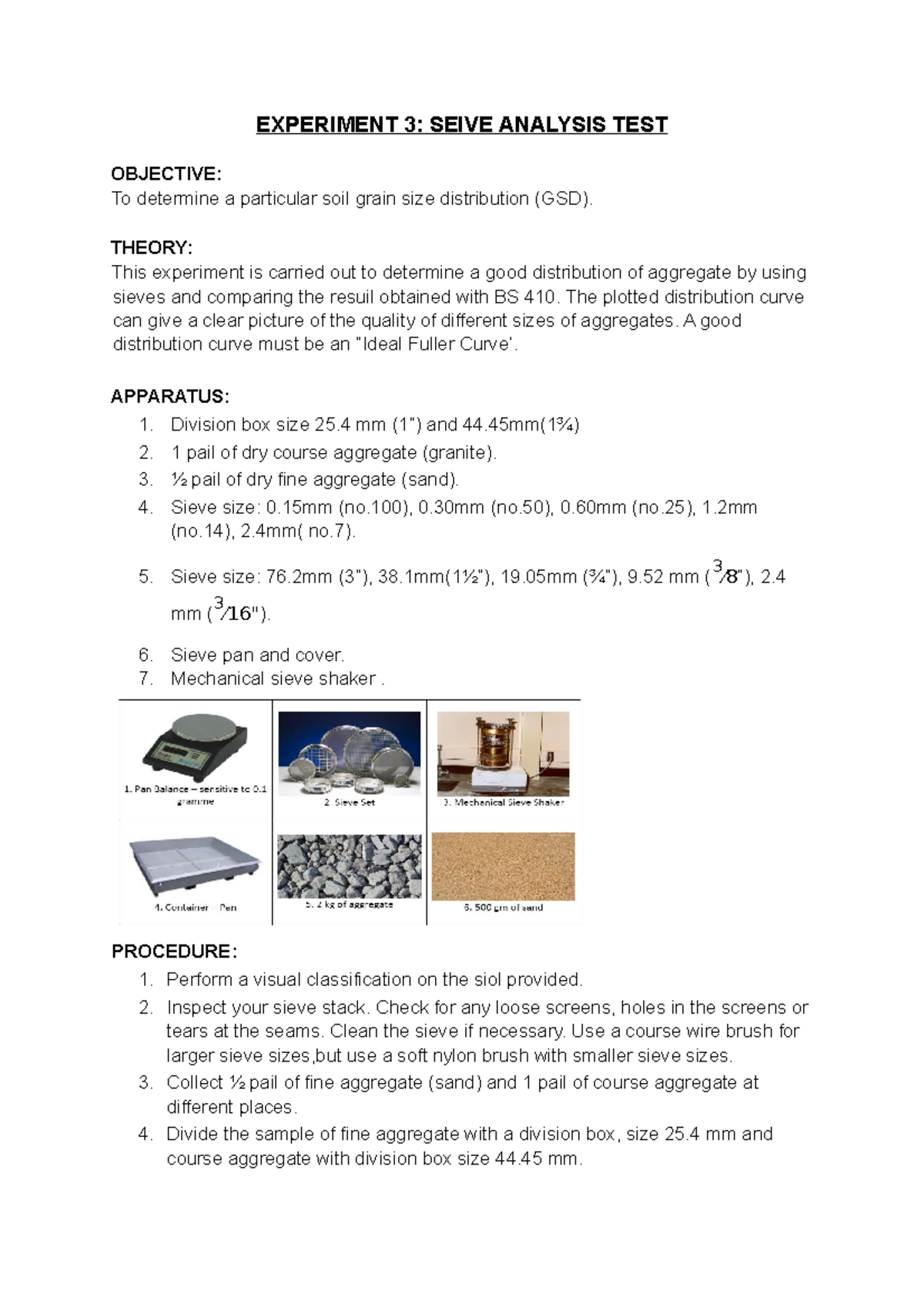 Haris seive test - example - EXPERIMENT 3: SEIVE ANALYSIS TEST ...