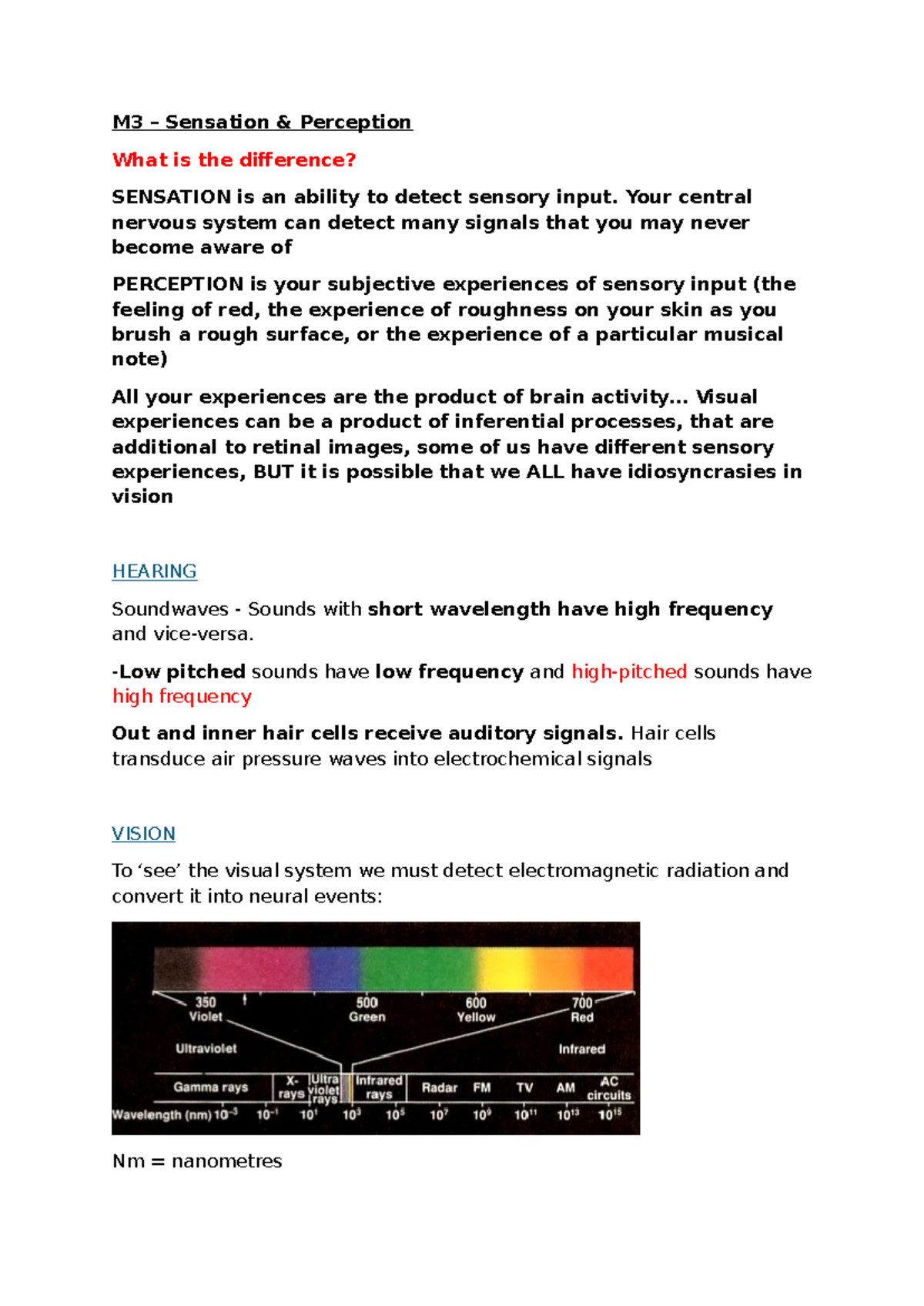 M3 - module 3 - M3 – Sensation & Perception What is the difference ...
