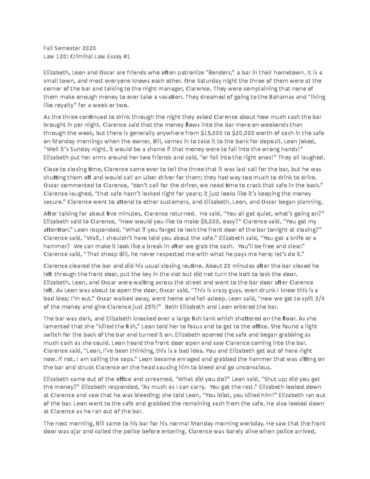 Crim Law Fall 2020 Q1 essay - Fall Semester 2020 Law 120: Criminal Law ...