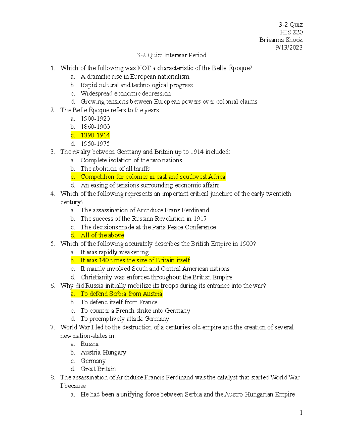 3-2 Quiz - N/A - 3-2 Quiz HIS 220 Brieanna Shook 9/13/ 3-2 Quiz ...