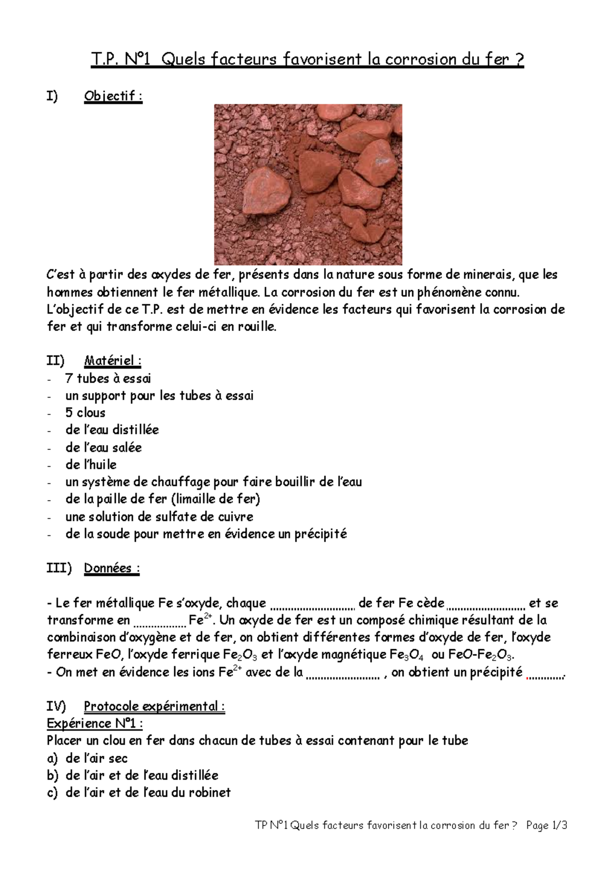 4. Oxydo Genelle TP1 - TP dissolution - TP N°1 Quels facteurs favorisent la corrosion du fer ...