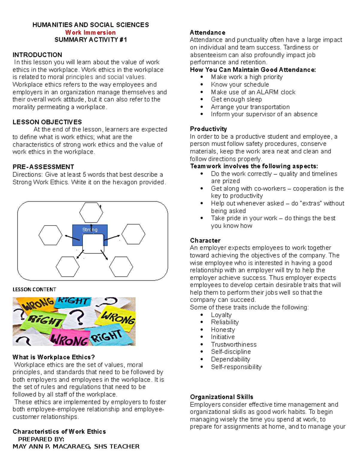 Work Immersion Quarter 3, Week 2 - HUMANITIES AND SOCIAL SCIENCES Work ...