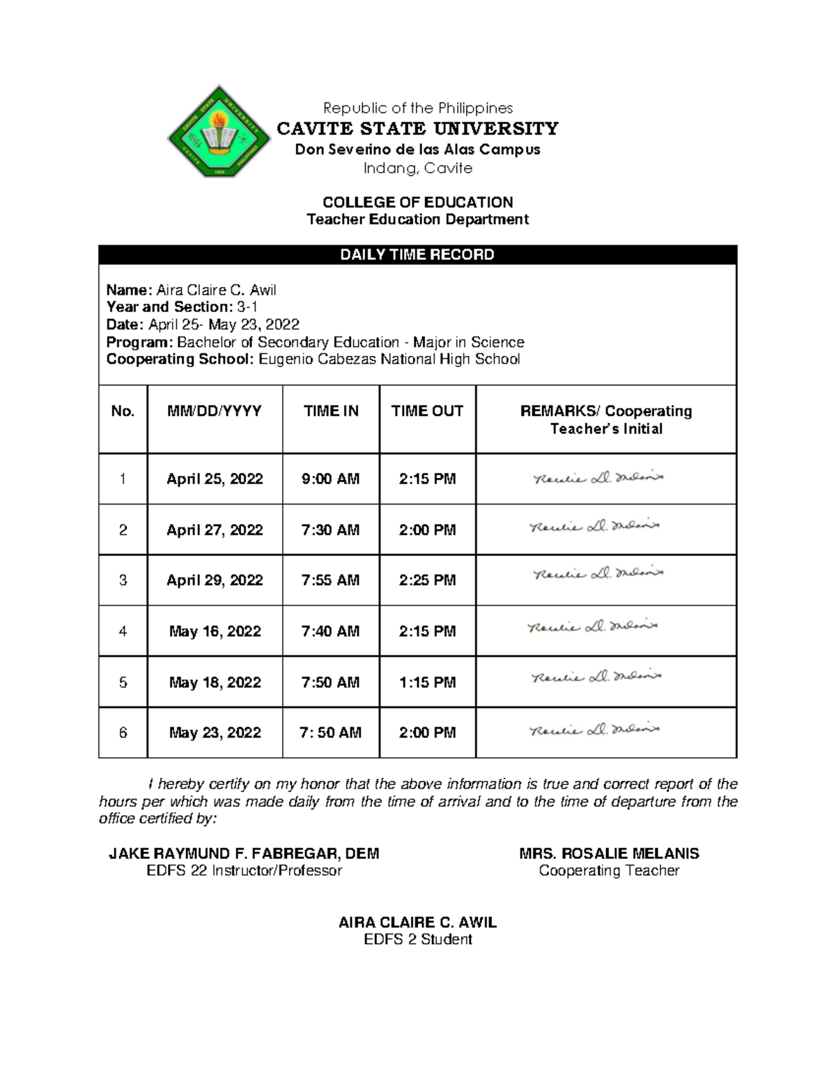 Field Study 2 DTR Final Template - Republic of the Philippines CAVITE ...