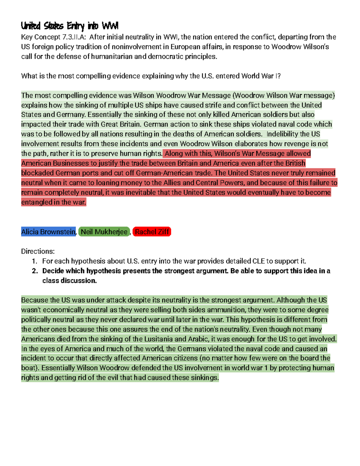 Copy of United States Entry into WWI - United States Entry into WWI Key ...